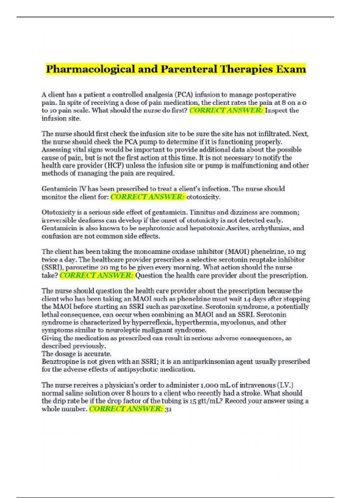 Pharmacological and Parenteral Therapies Exam - Pharmacological and ...