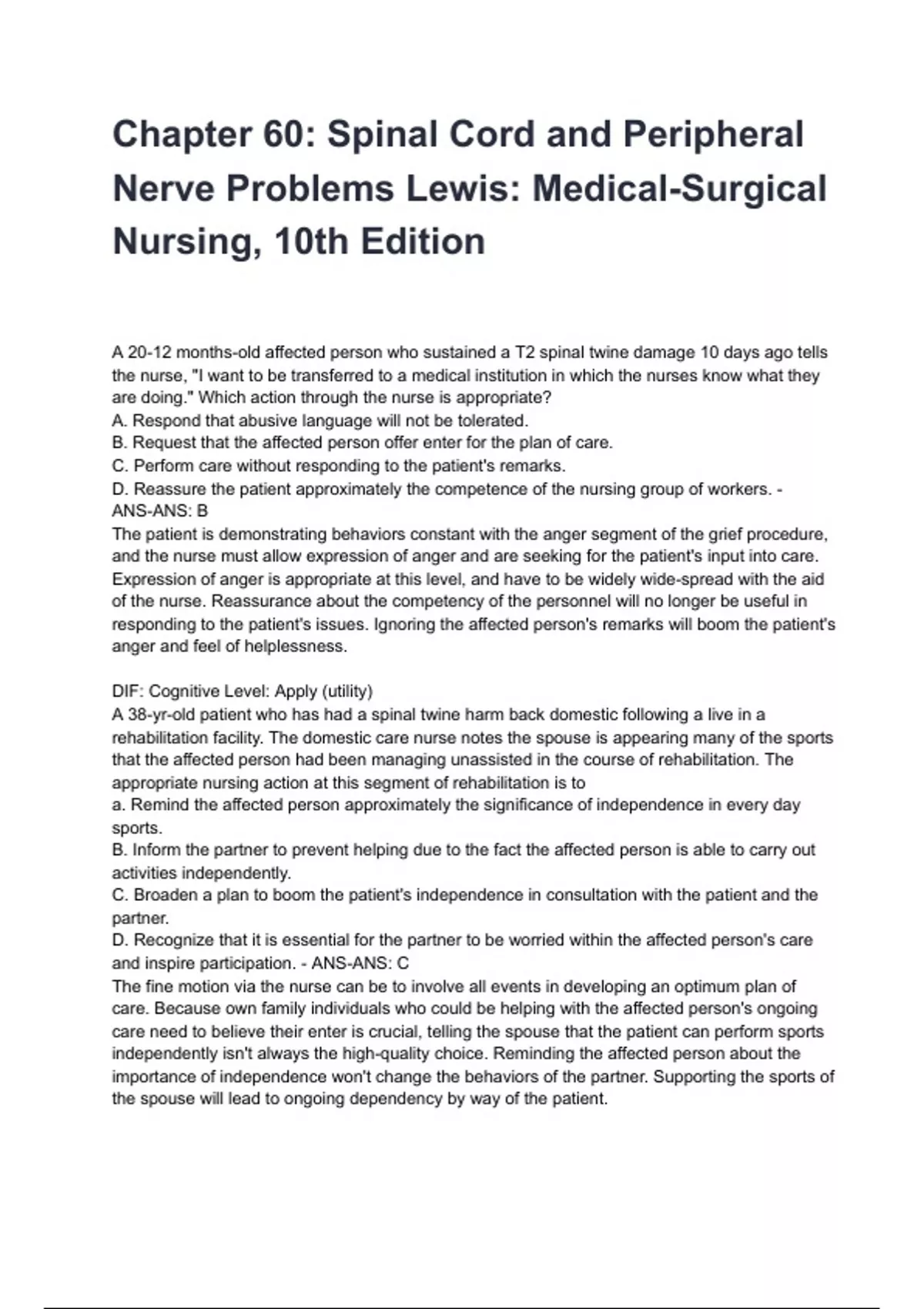 Chapter 60: Spinal Cord and Peripheral Nerve Problems Lewis: Medical ...