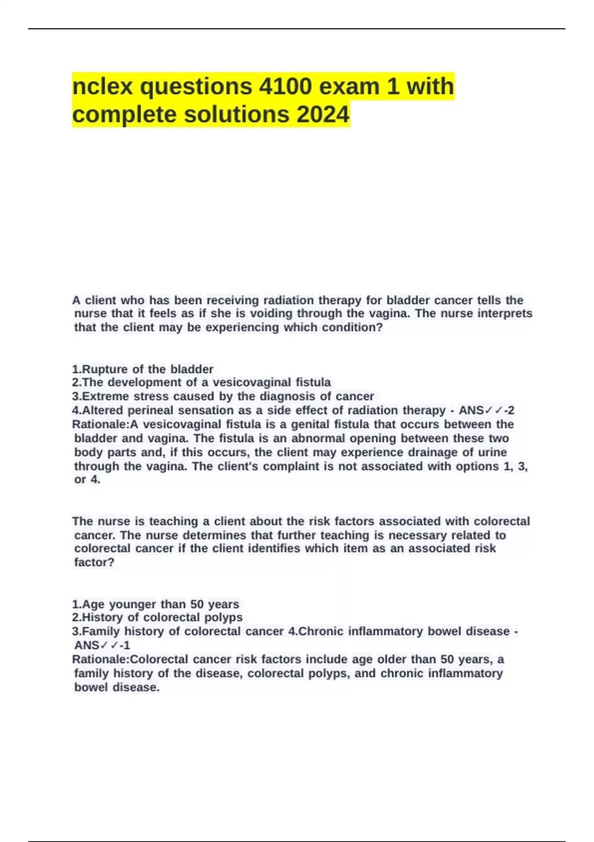 nclex questions 4100 exam 1 with complete solutions 2024 - NSG 4100 ...