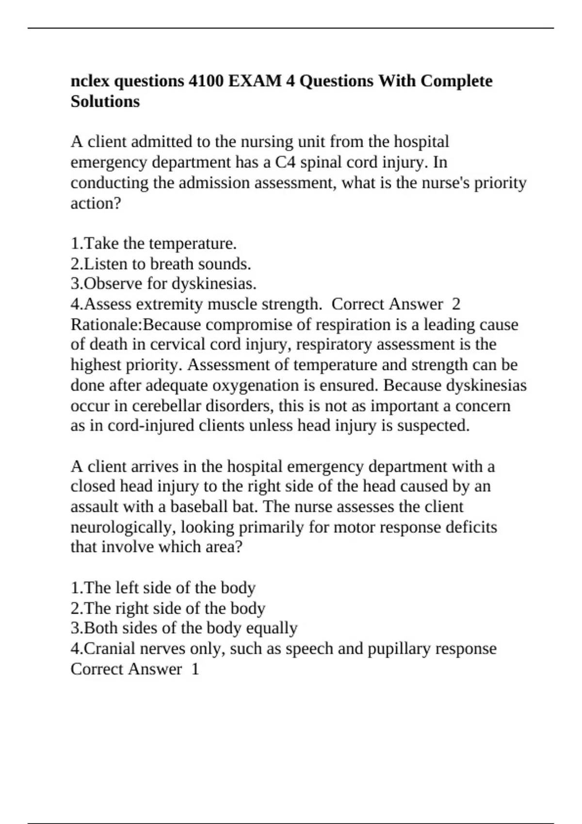 nclex questions 4100 EXAM 4 Questions With Complete Solutions - NSG ...