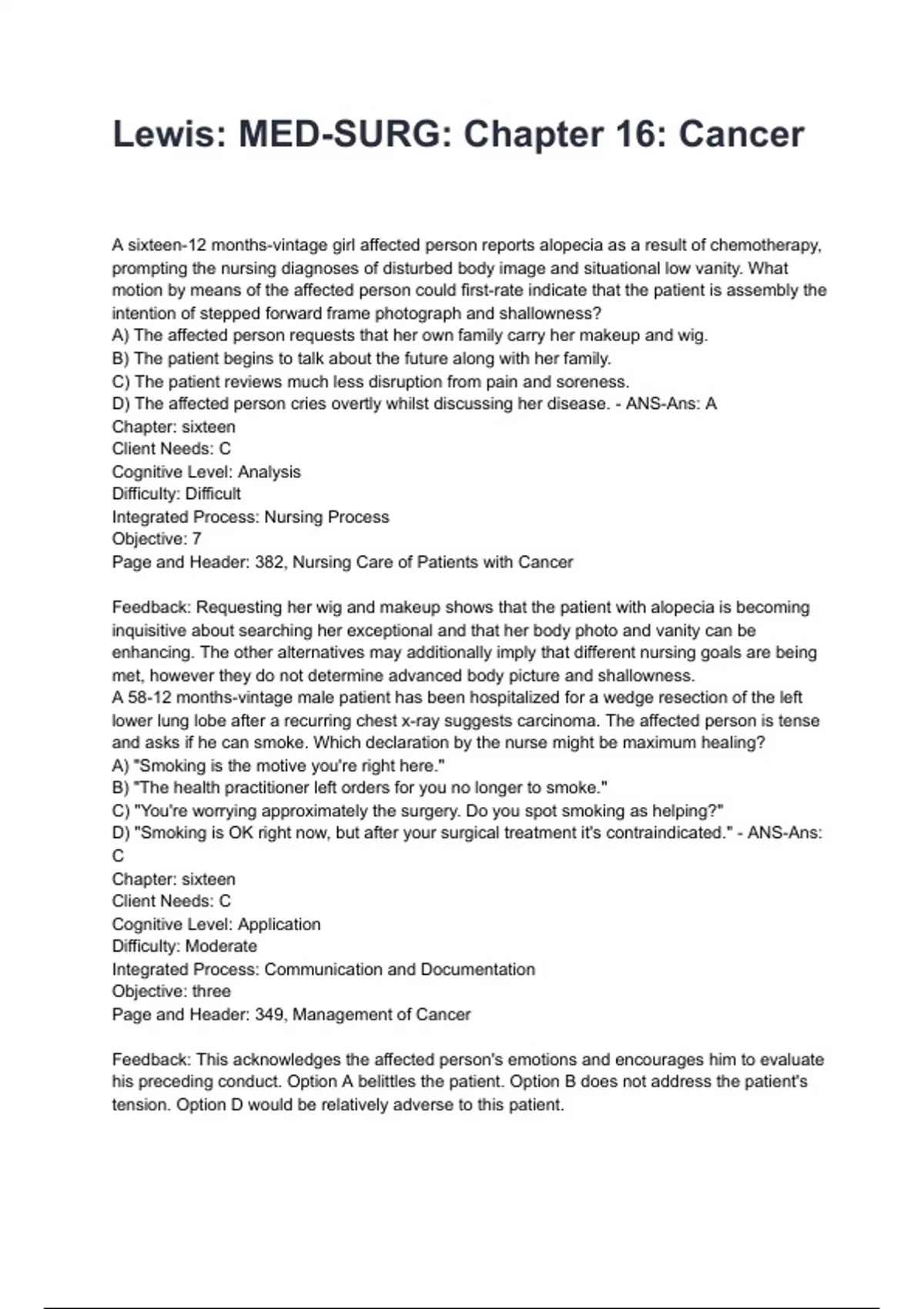 Lewis: MED-SURG: Chapter 16: Cancer QUESTIONS AND CORRECT DETAILED ...