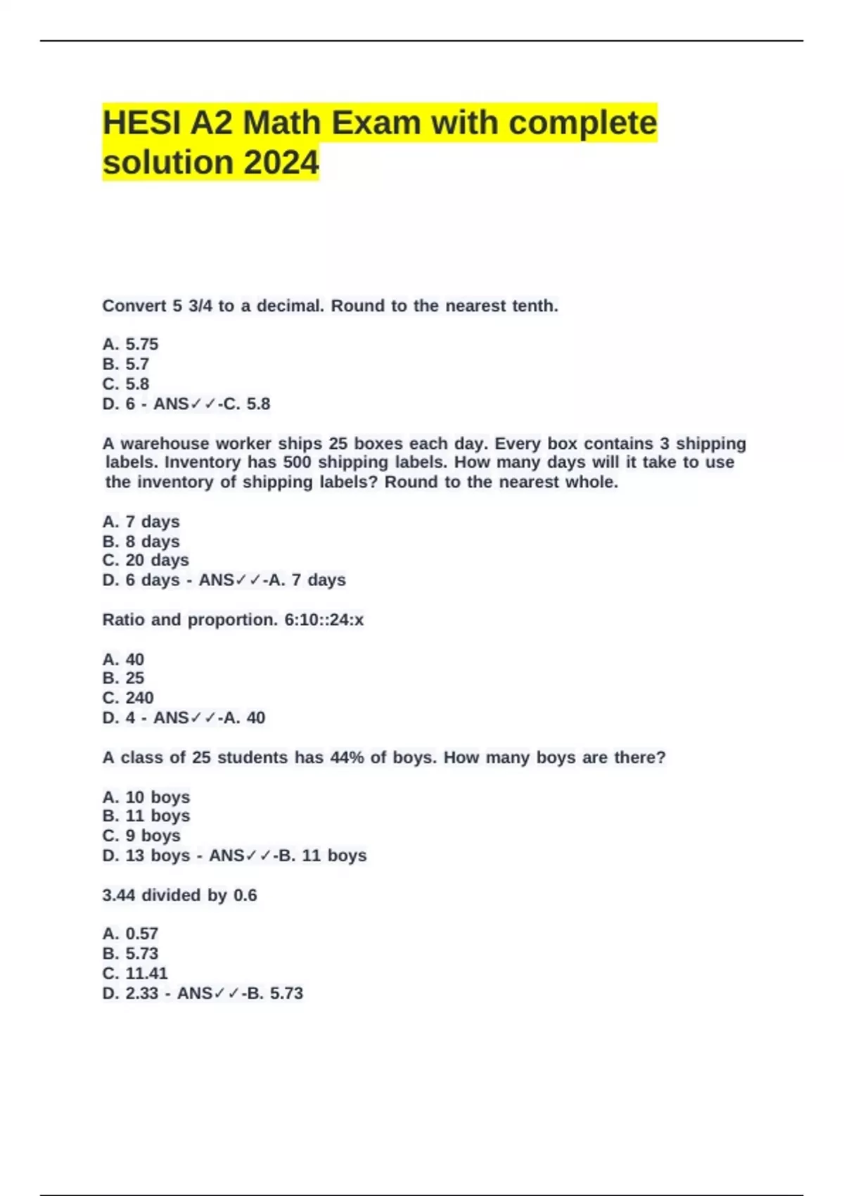 HESI A2 Math Exam with complete solution 2024. - Hesi A2 - Stuvia UK