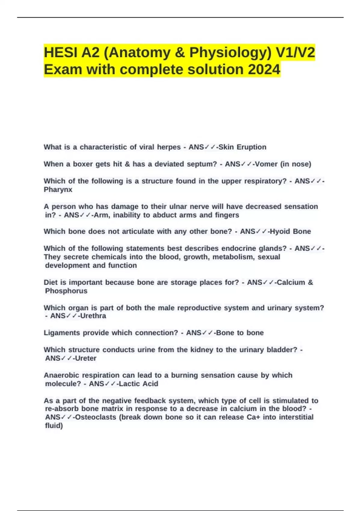 HESI A2 (Anatomy & Physiology) V1-V2 Exam with complete solution 2024 ...