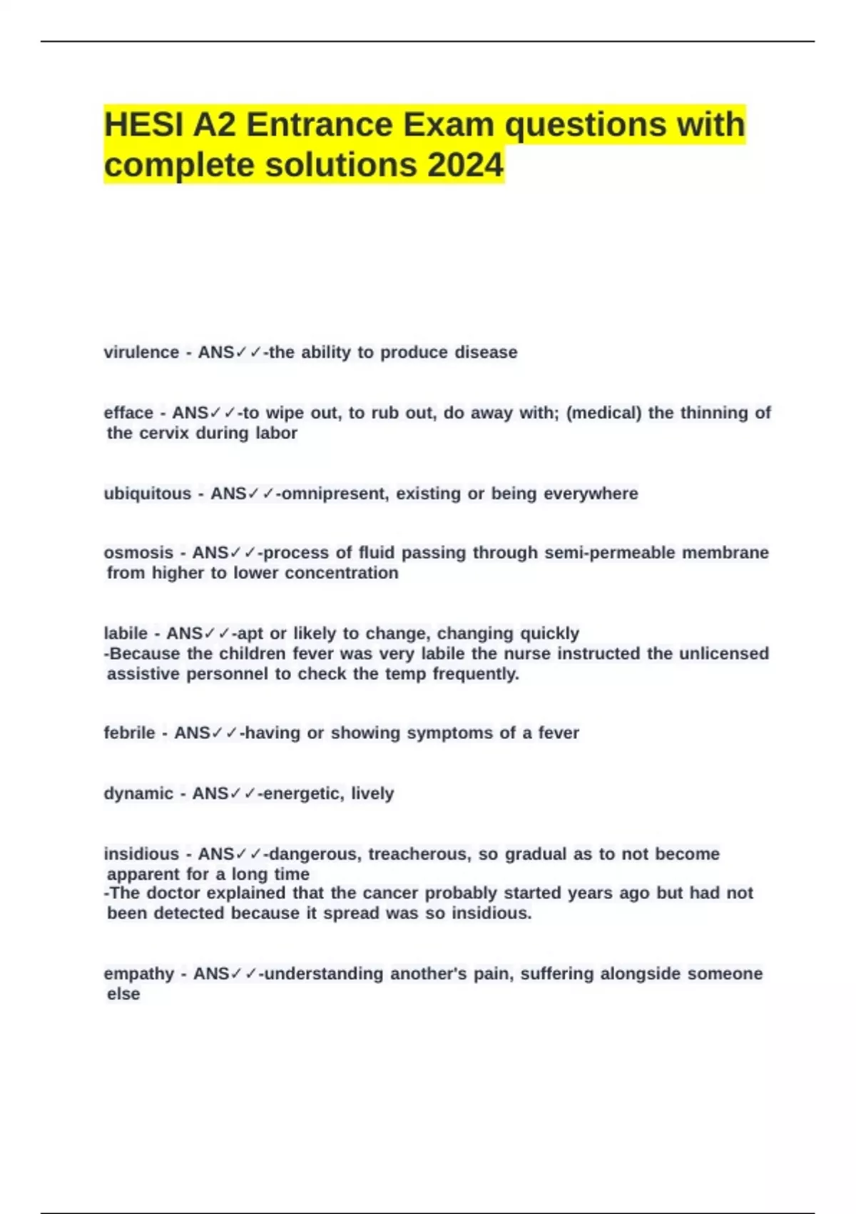 HESI A2 Entrance Exam questions with complete solutions 2024 - Hesi A2 ...