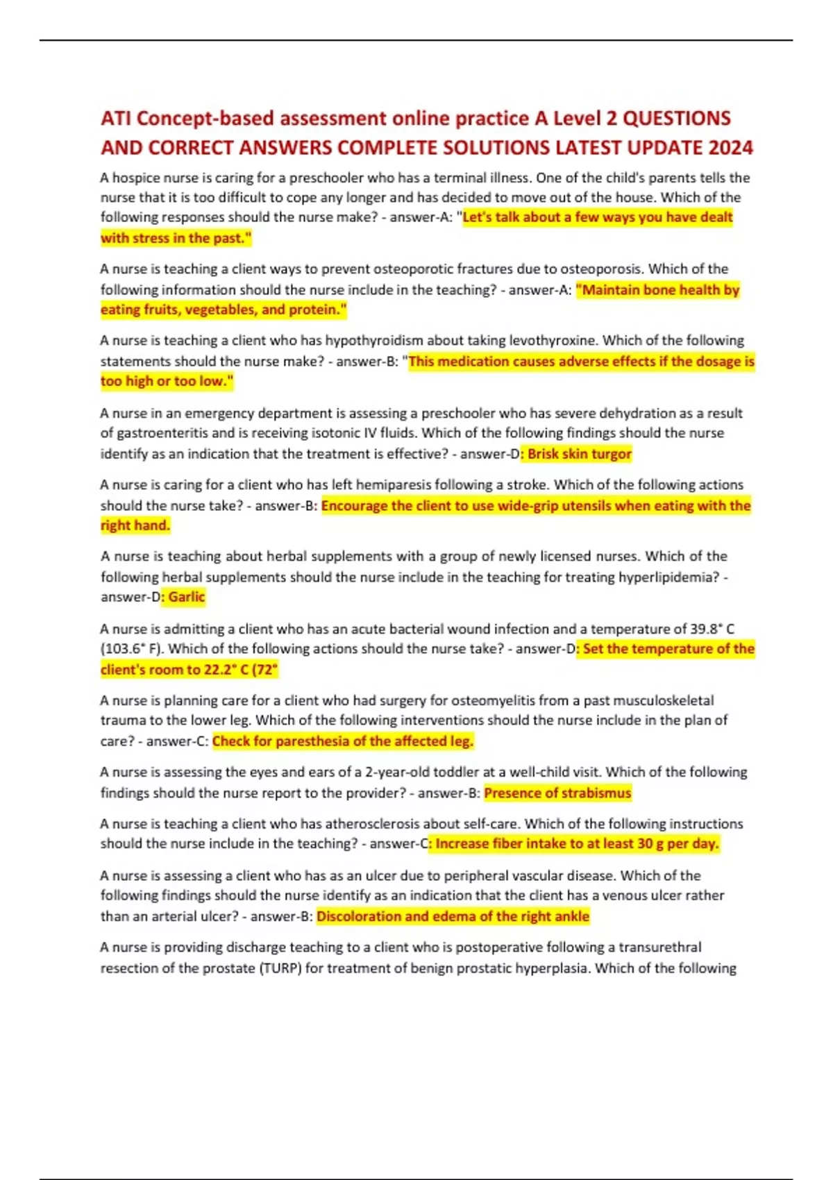 ATI Concept-based assessment online practice A Level 2 QUESTIONS AND ...