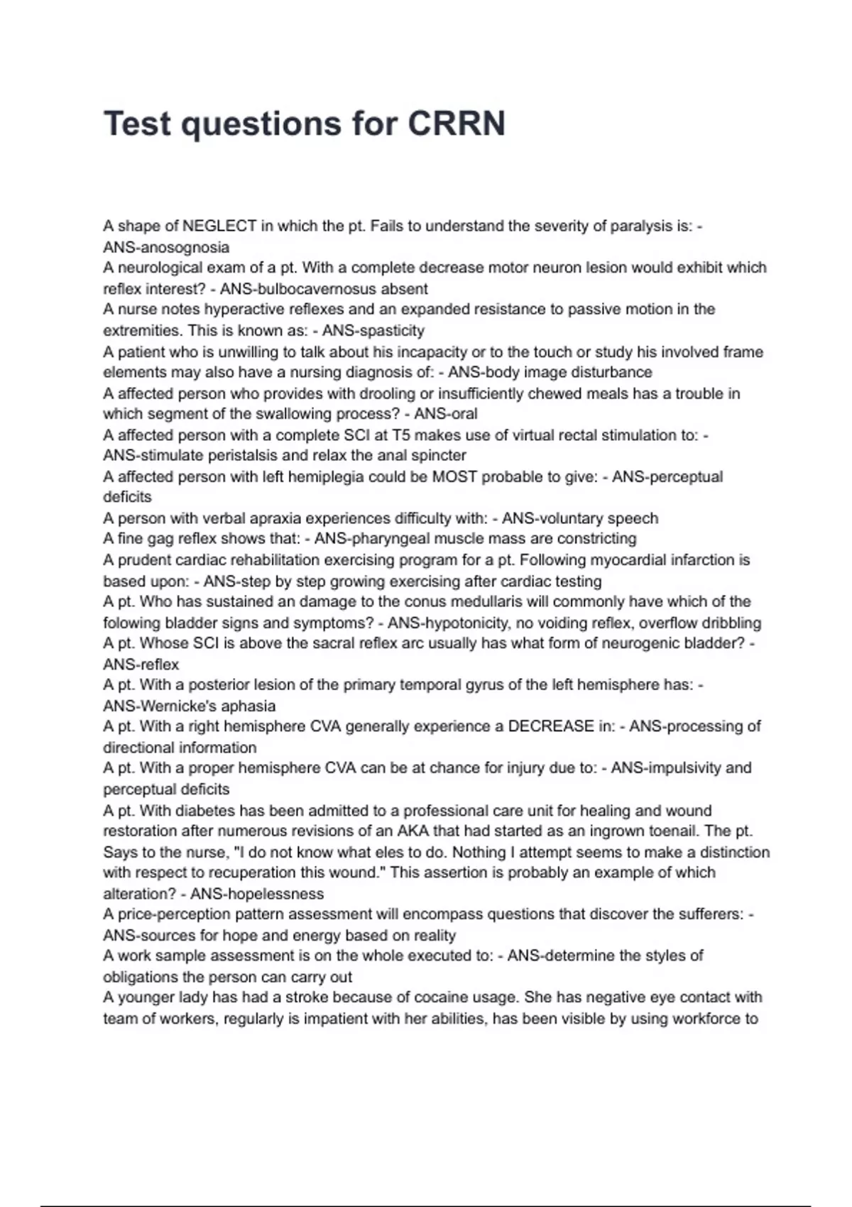 Test questions for CRRN QUESTIONS AND CORRECT DETAILED ANSWERS WITH ...