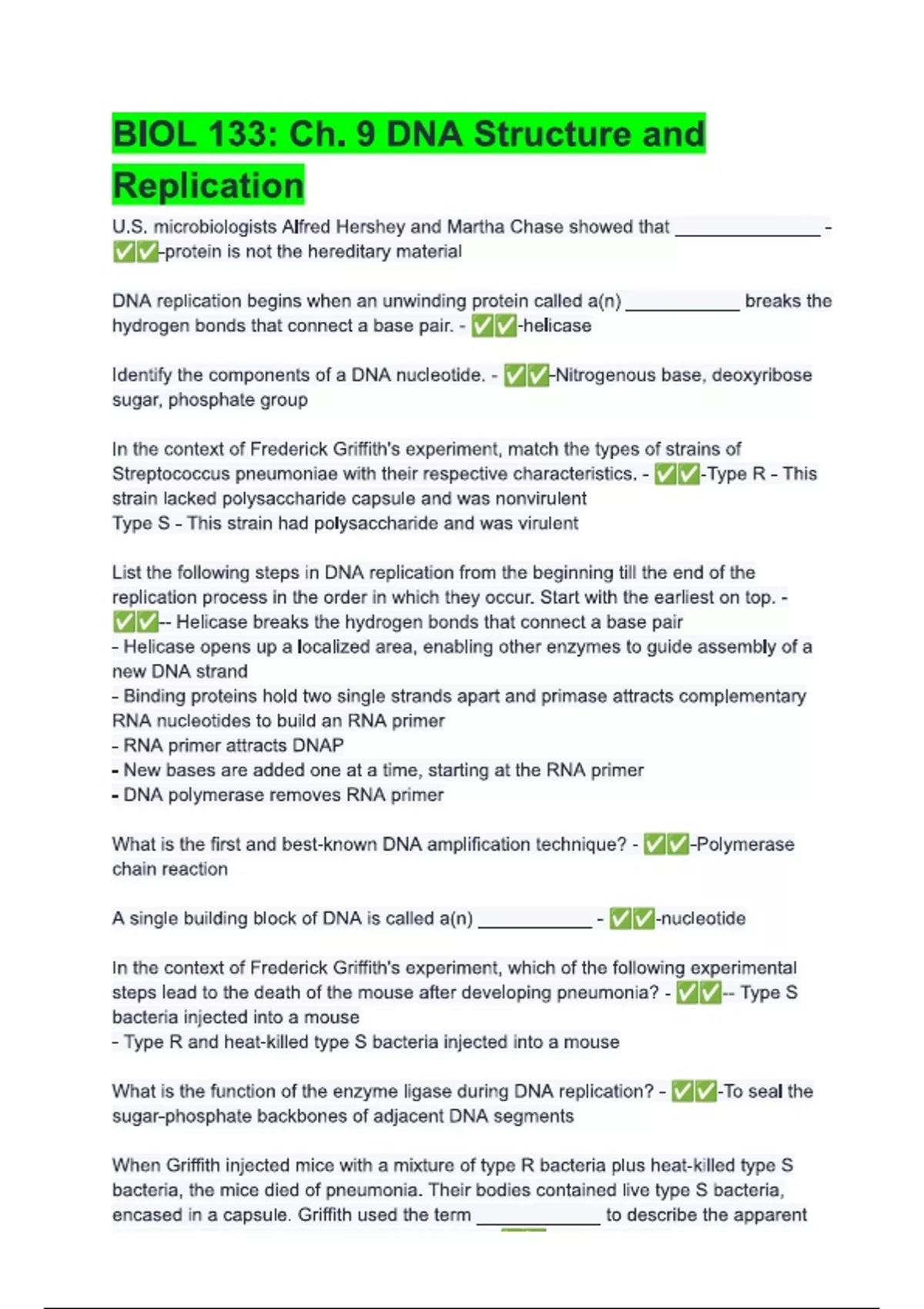 BIOL 133 - Ch. 9 DNA Structure and Replication Review questions and ...