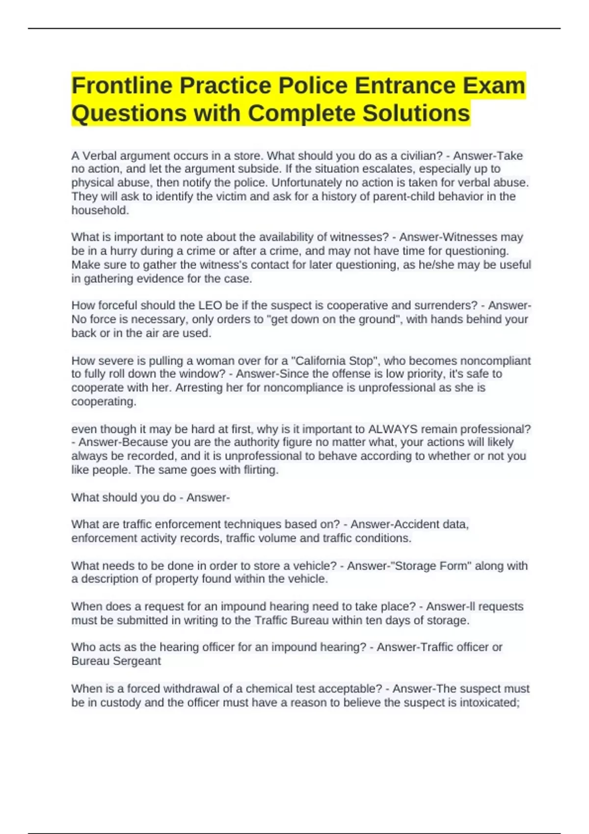 Frontline Practice Police Entrance Exam Questions with Complete ...