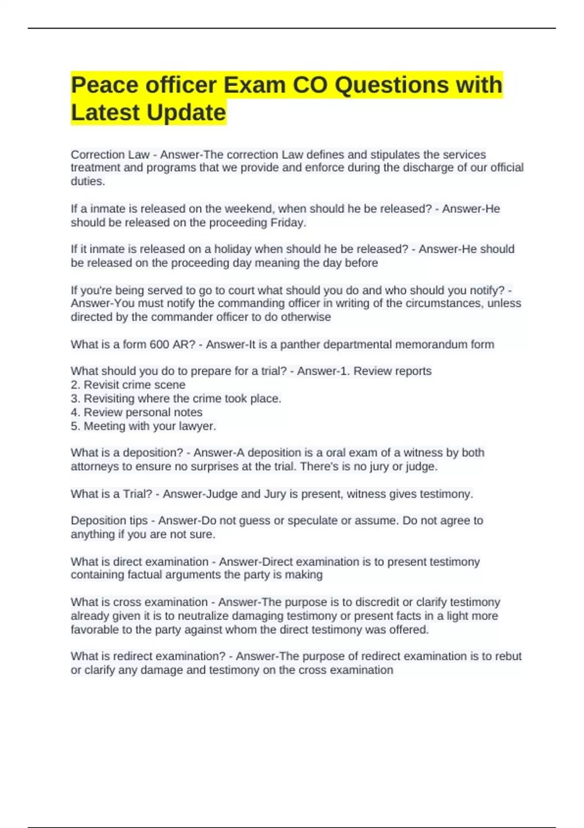Peace officer Exam CO Questions with Latest Update - COP - Stuvia US