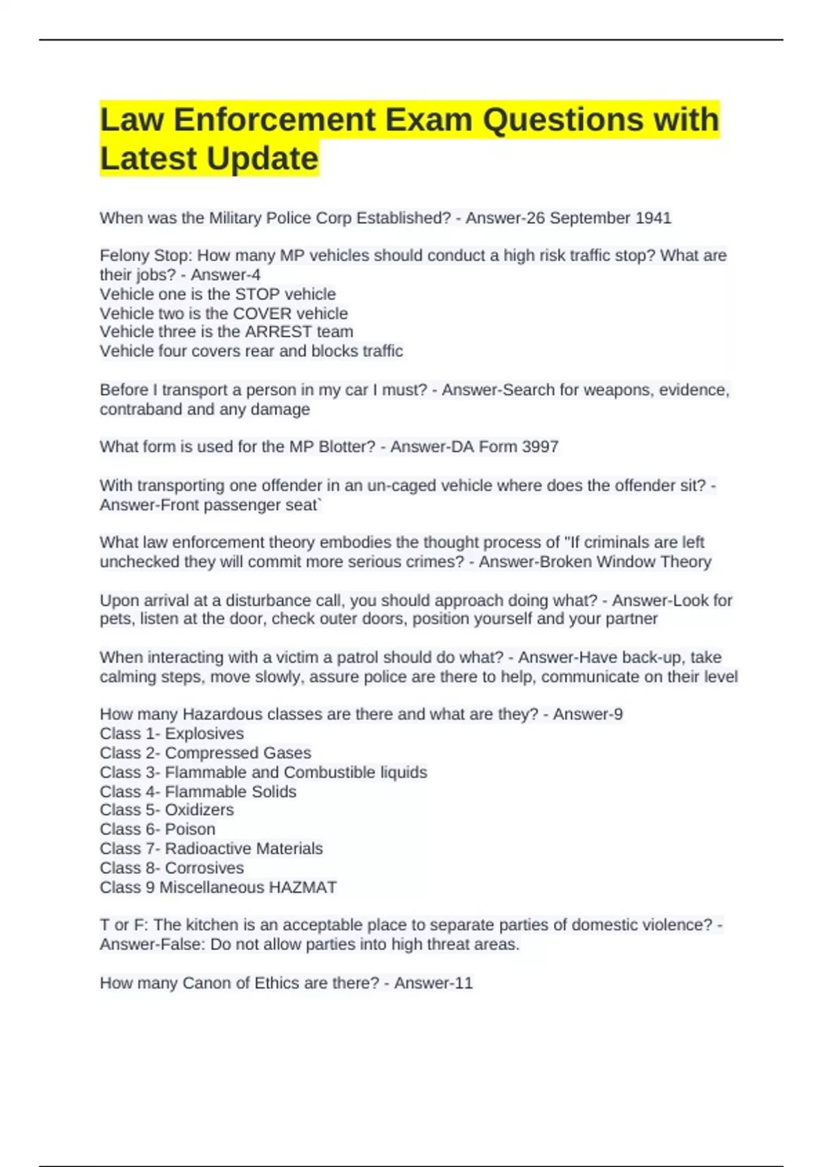 Law Enforcement Exam Questions with Latest Update - COP - Stuvia US