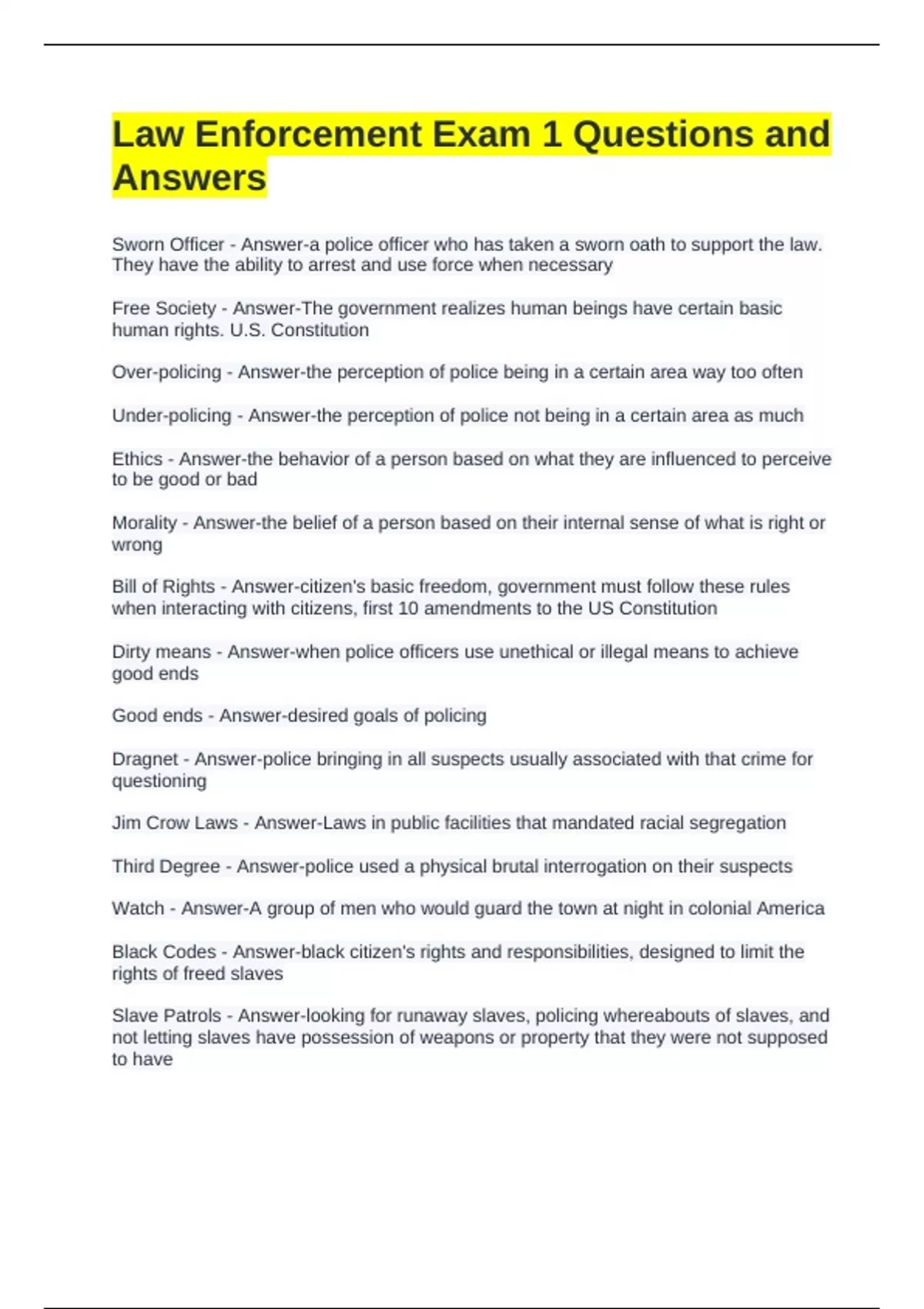 Law Enforcement Exam 1 Questions and Answers - COP - Stuvia US