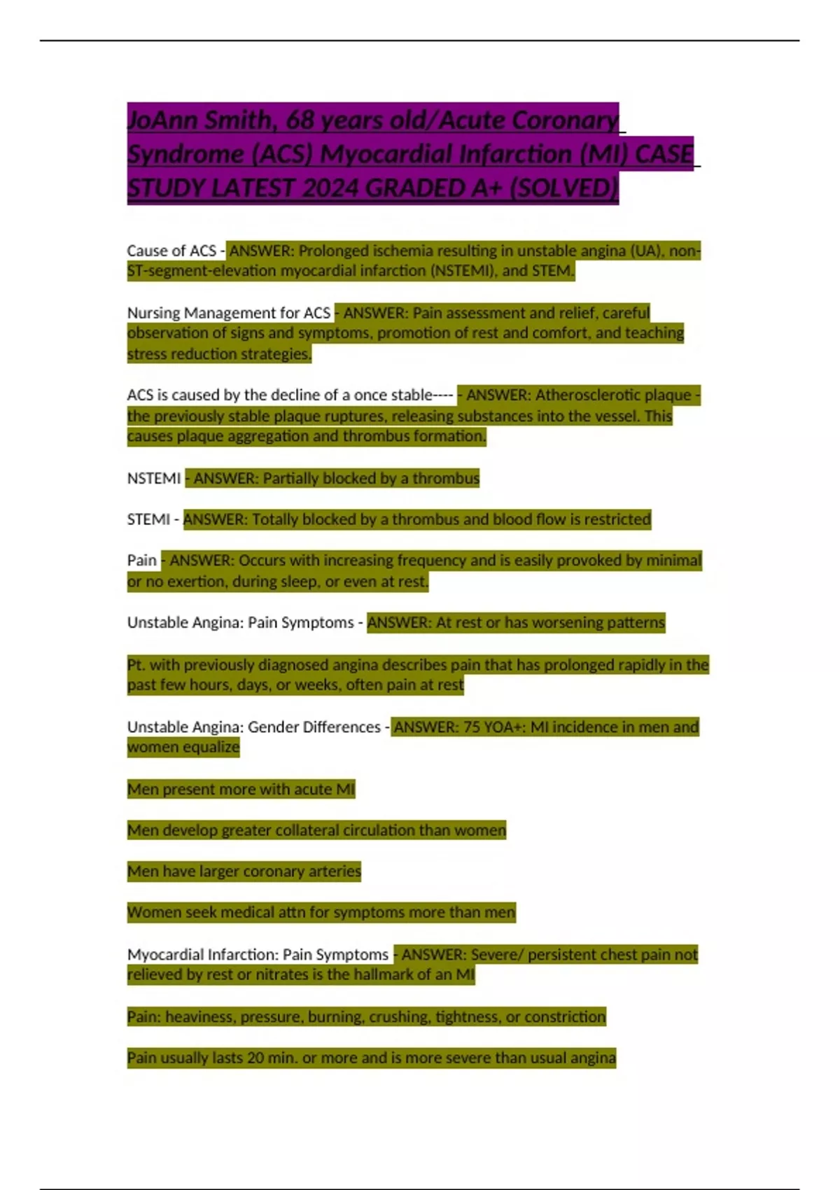 JoAnn Smith, 68 years old/Acute Coronary Syndrome (ACS) Myocardial Infarction (MI) CASE STUDY ...