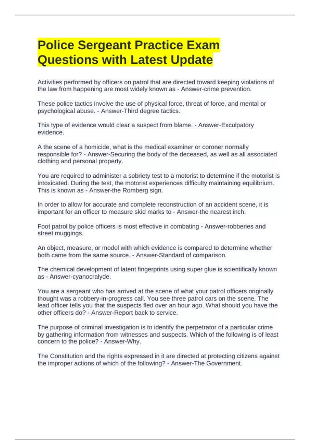 Police Sergeant Practice Exam Questions with Latest Update - COP ...