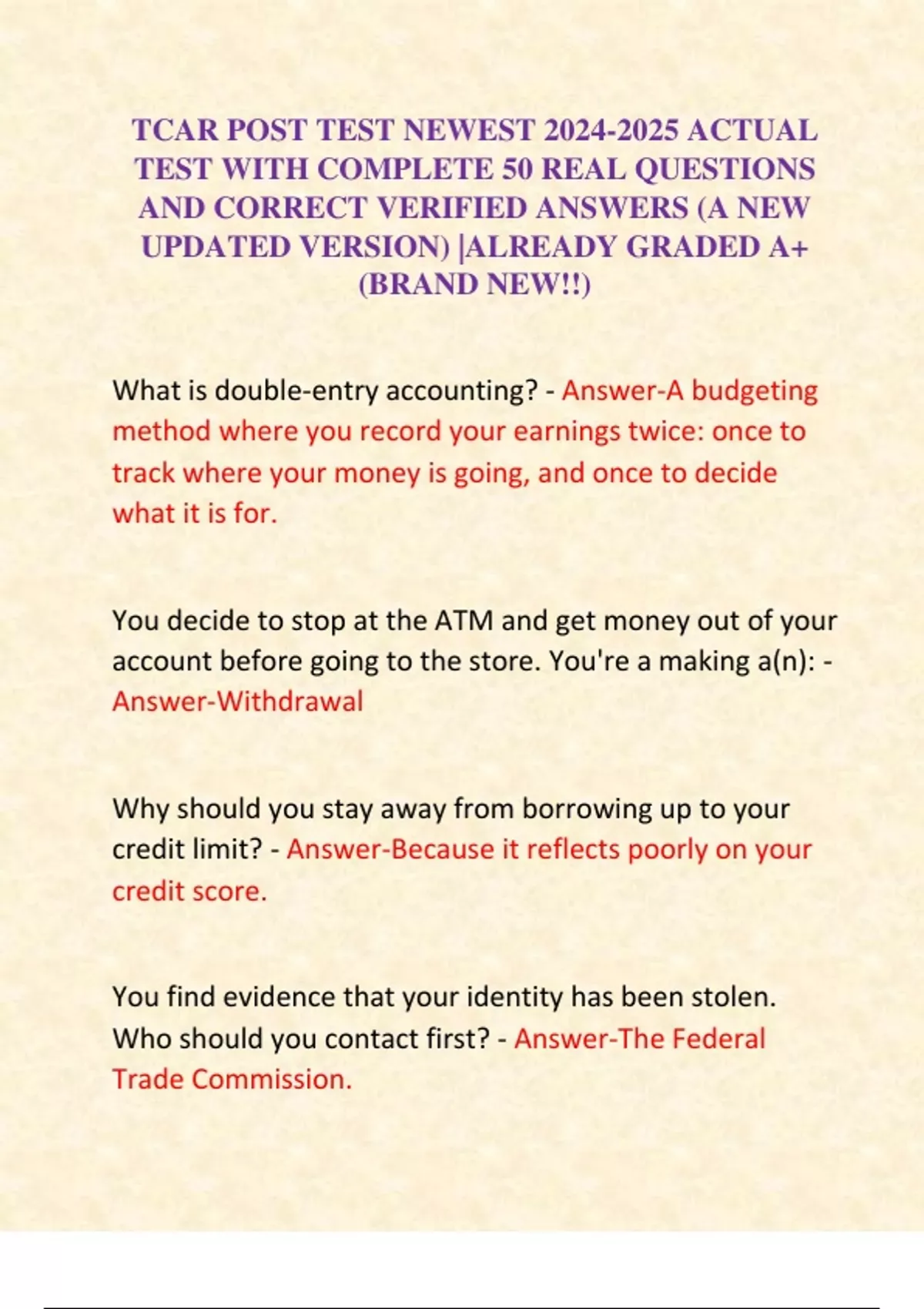 TCAR POST TEST NEWEST ACTUAL TEST WITH COMPLETE 50 REAL QUESTIONS AND ...