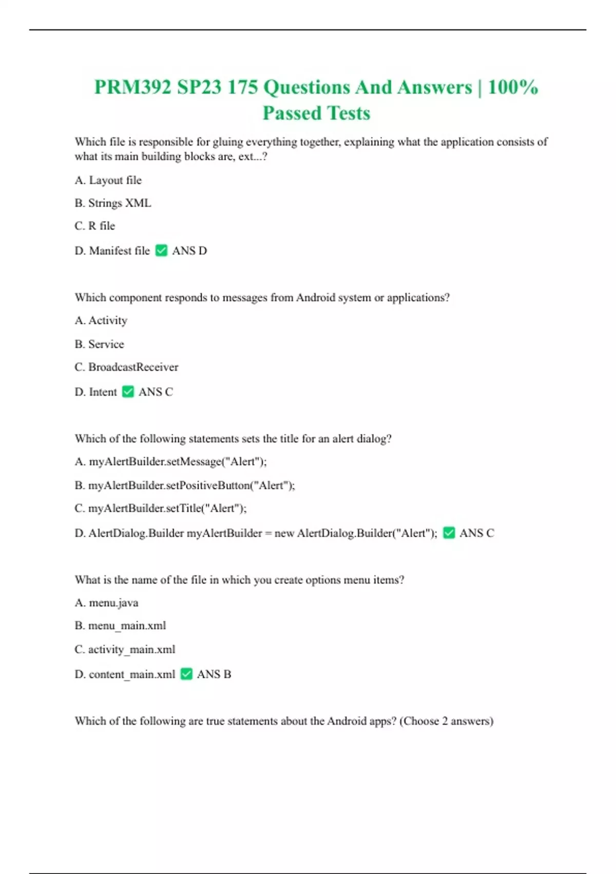PRM392 SP23 175 Questions And Answers | 100% Passed Tests | 2024/2025 ...