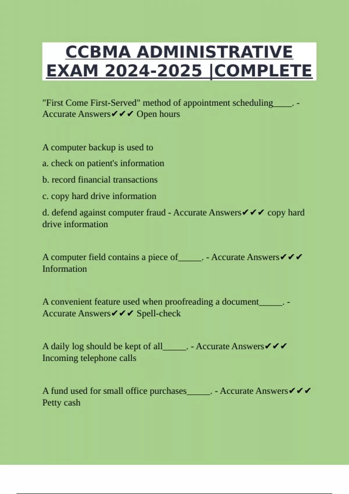 CCBMA ADMINISTRATIVE EXAM |COMPLETE - CCBMA ADMINISTRATIVE - Stuvia US