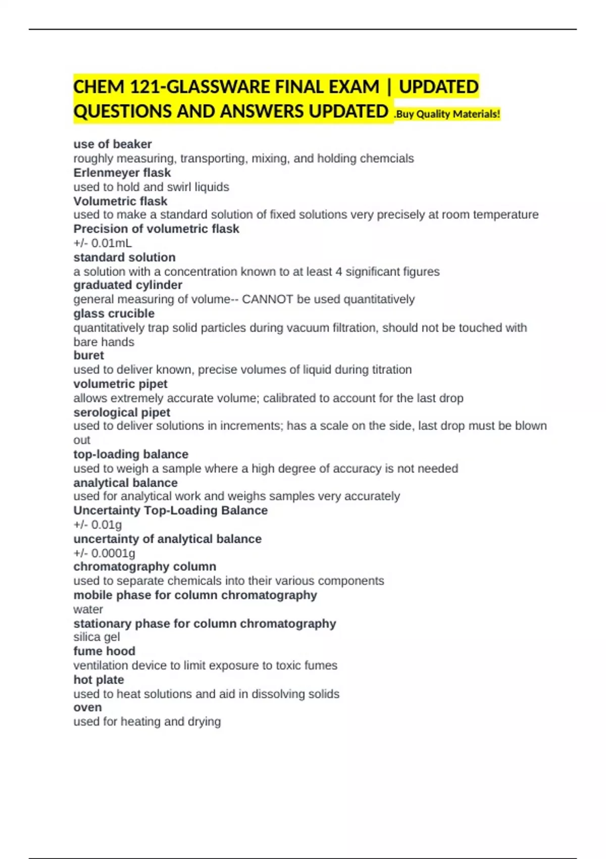 Chem 121 Glassware Final Exam Updated Questions And Answers Updated