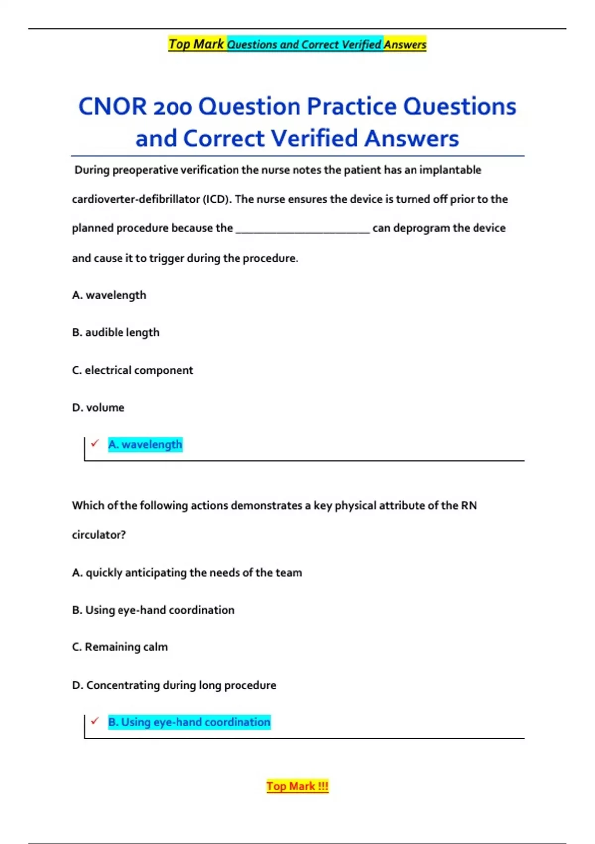 CNOR 200 Question Practice Questions and Correct Verified Answers ...