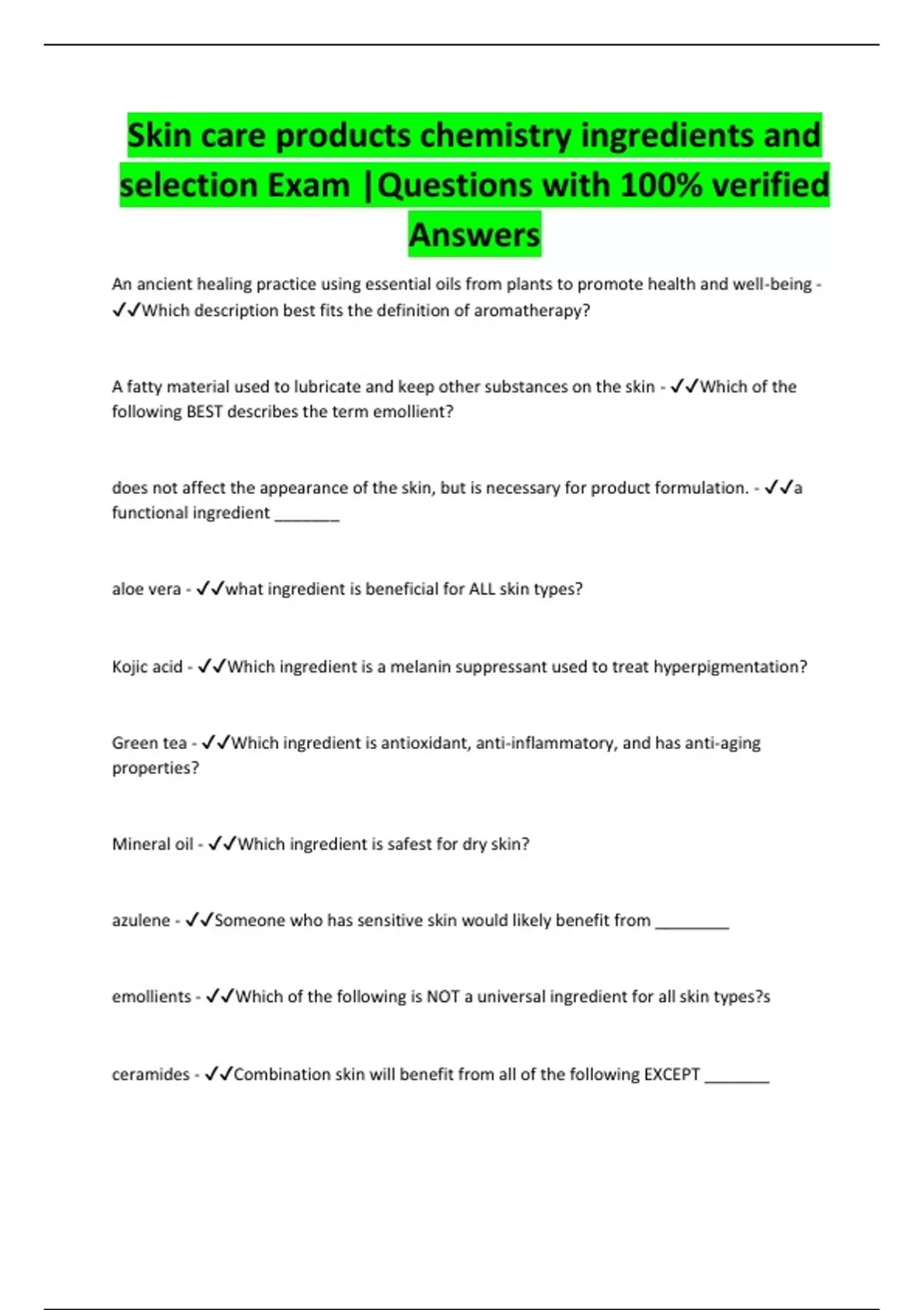 Skin care products chemistry ingredients and selection Exam |Questions ...