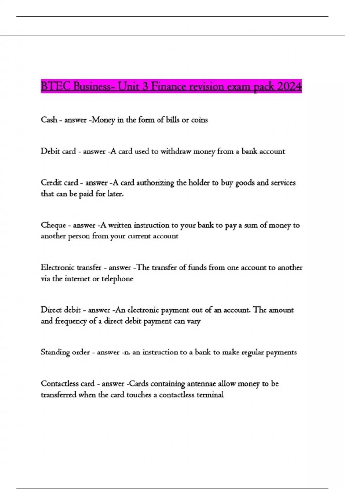 BTEC Business- Unit 3 Finance revision exam pack 2024 - BTEC Business ...