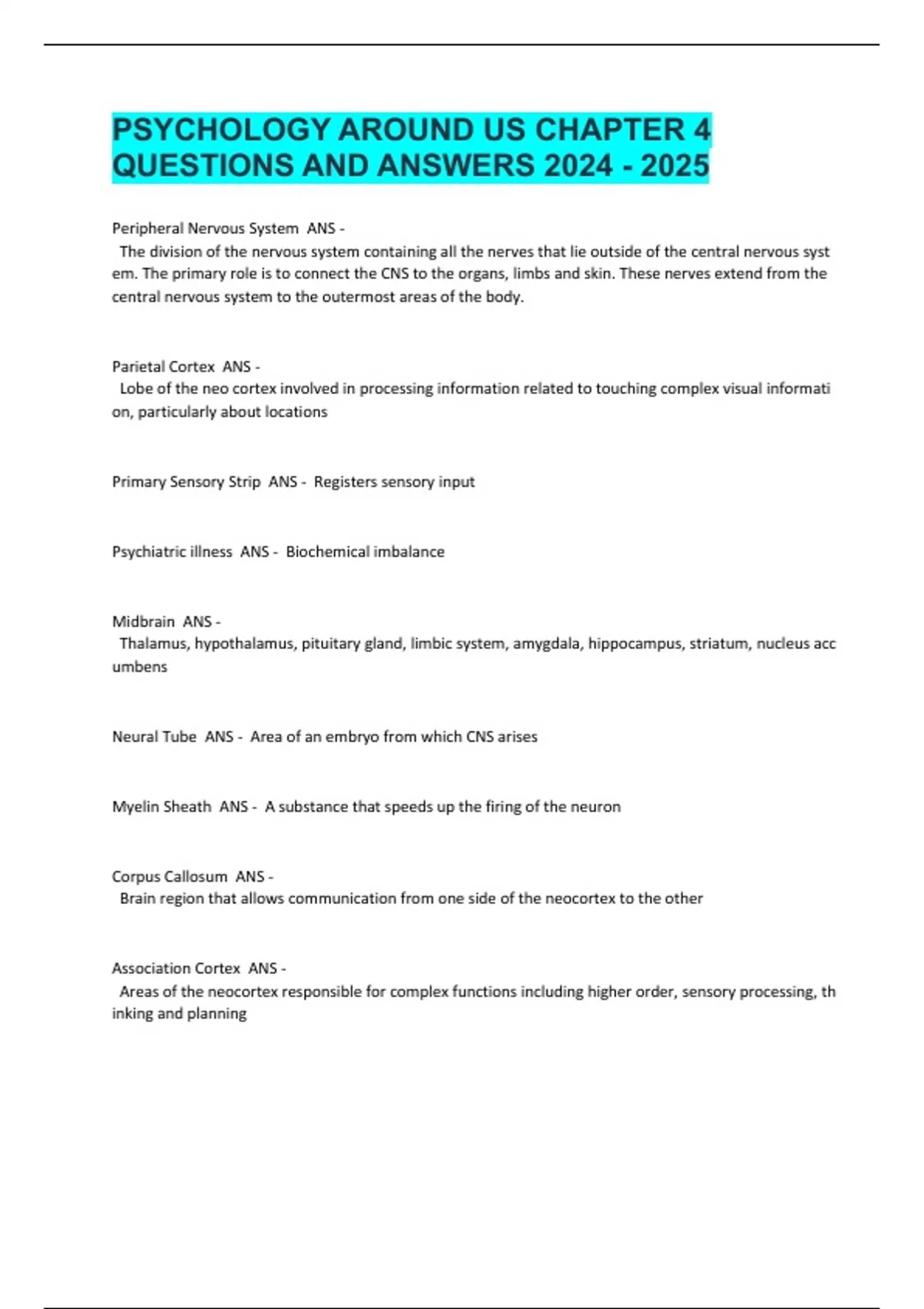 PSYCHOLOGY AROUND US CHAPTER 4 QUESTIONS AND ANSWERS - Psychology ...