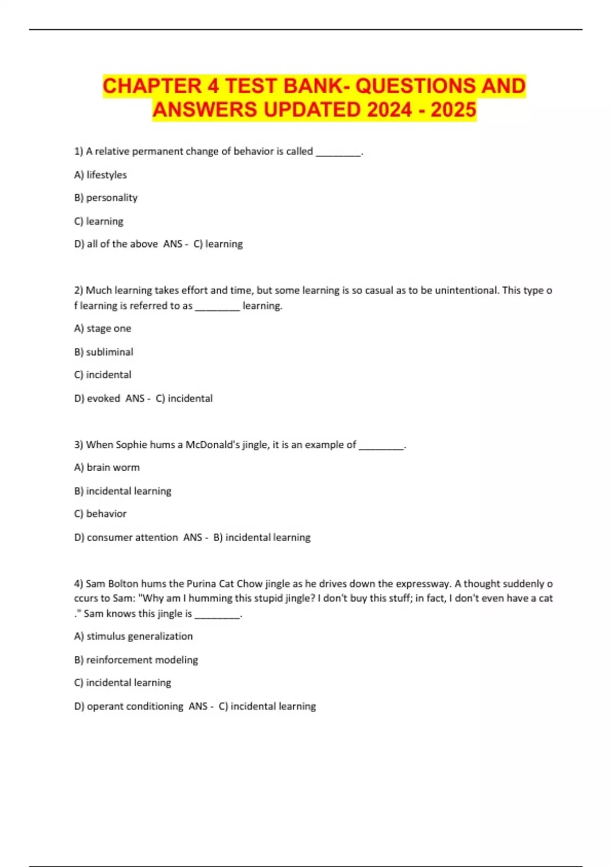 CHAPTER 4 TEST BANK- QUESTIONS AND ANSWERS UPDATED - Psychology Around ...