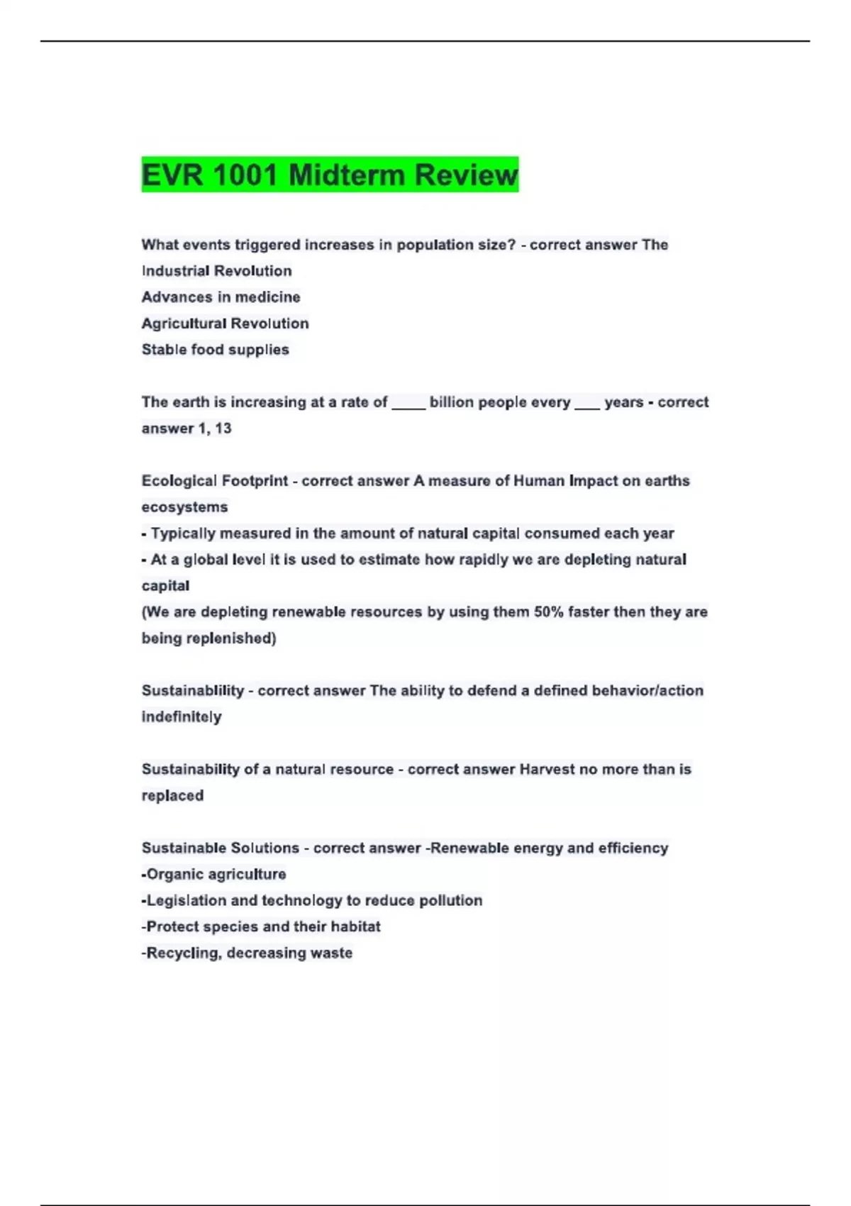 EVR 1001 Mid Term Review Questions With Complete Solutions - EVR 1001 ...