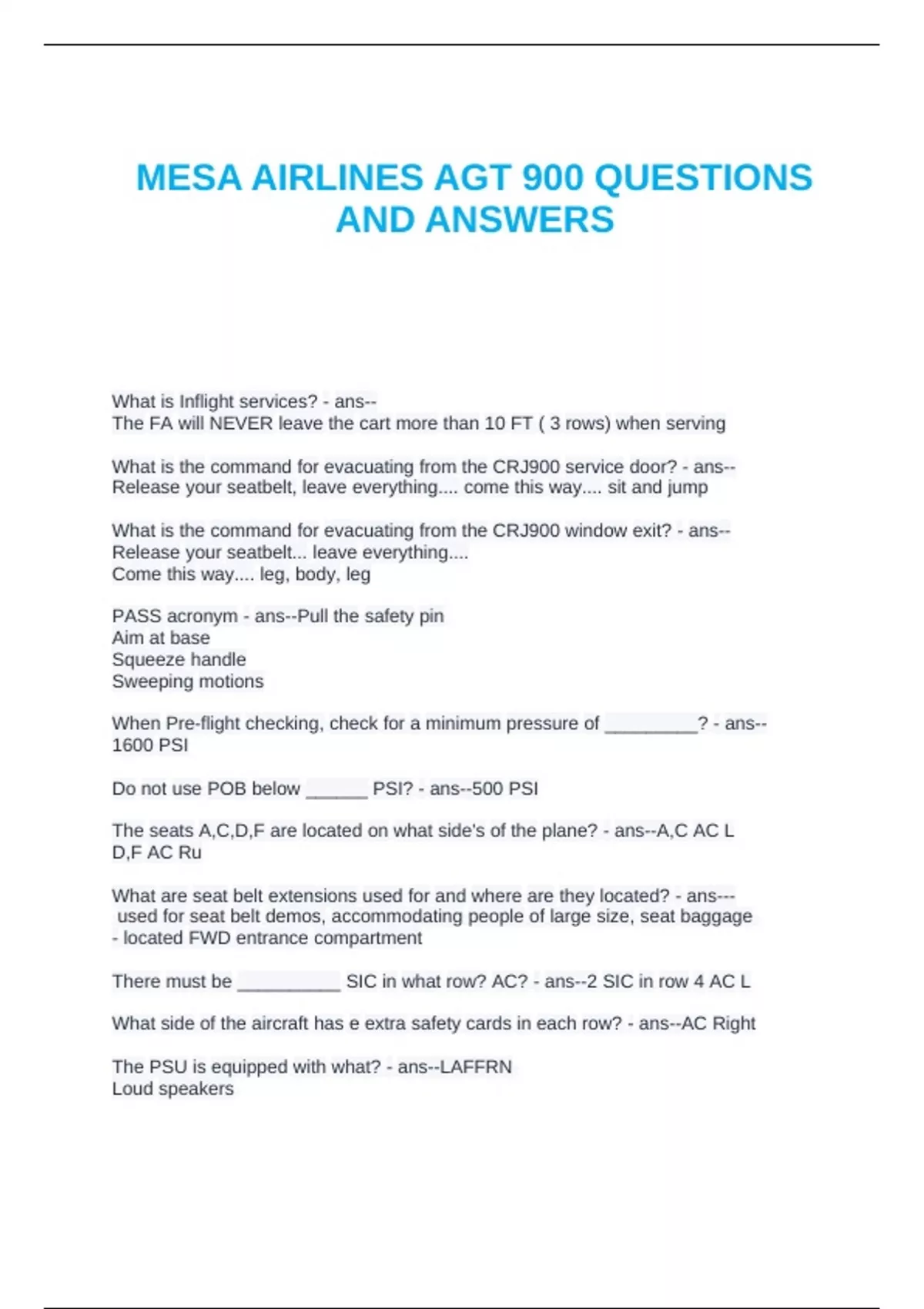 MESA AIRLINES AGT 900 QUESTIONS AND ANSWERS - Mesa Airlines AGT - Stuvia US