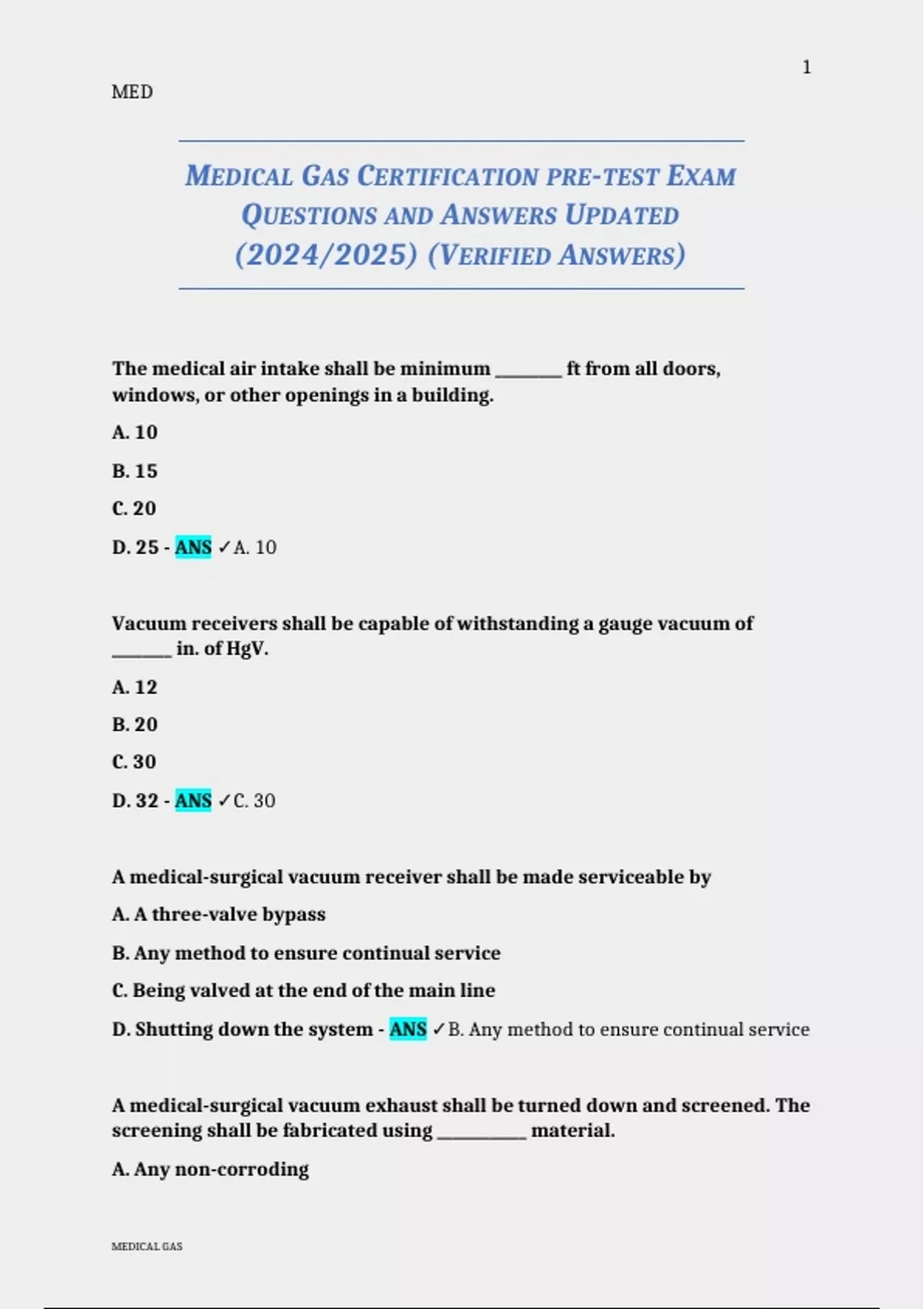 MEDICAL GAS CERTIFICATION PRE-TEST EXAM QUESTIONS AND ANSWERS UPDATED ...
