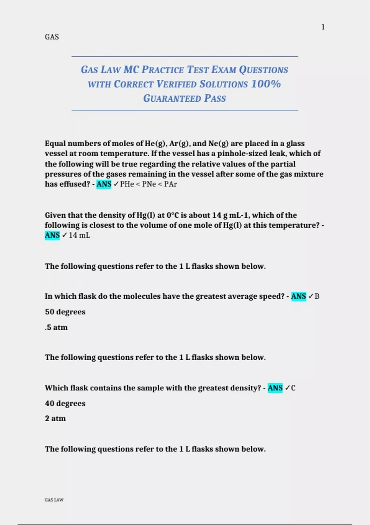 GAS LAW MC PRACTICE TEST EXAM QUESTIONS WITH CORRECT VERIFIED SOLUTIONS ...