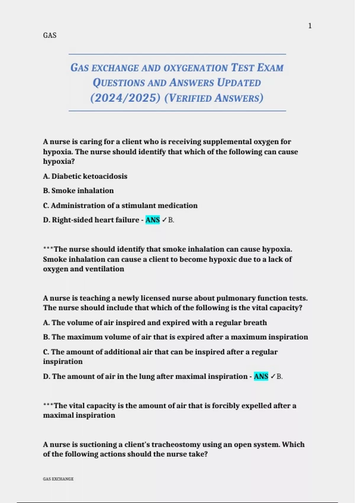 GAS EXCHANGE AND OXYGENATION TEST EXAM QUESTIONS AND ANSWERS UPDATED ...