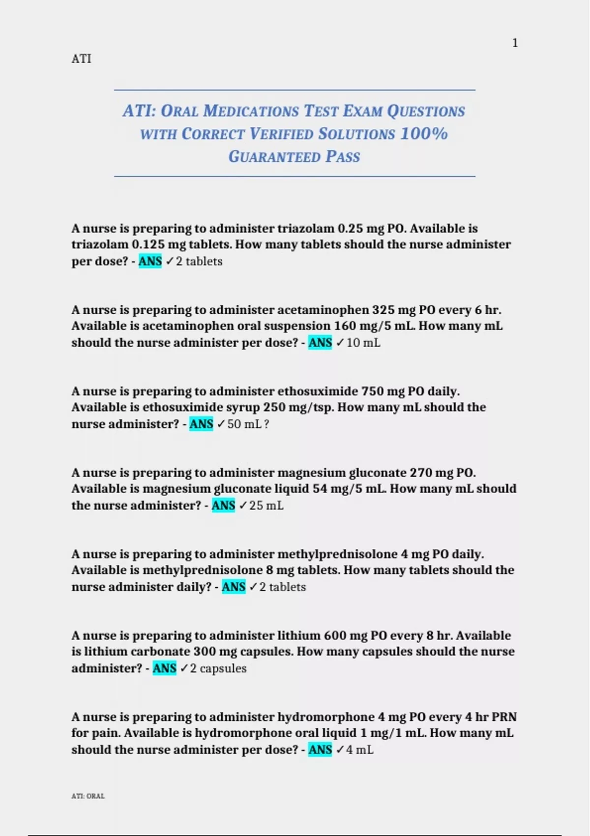 ATI: ORAL MEDICATIONS TEST EXAM QUESTIONS WITH CORRECT VERIFIED ...