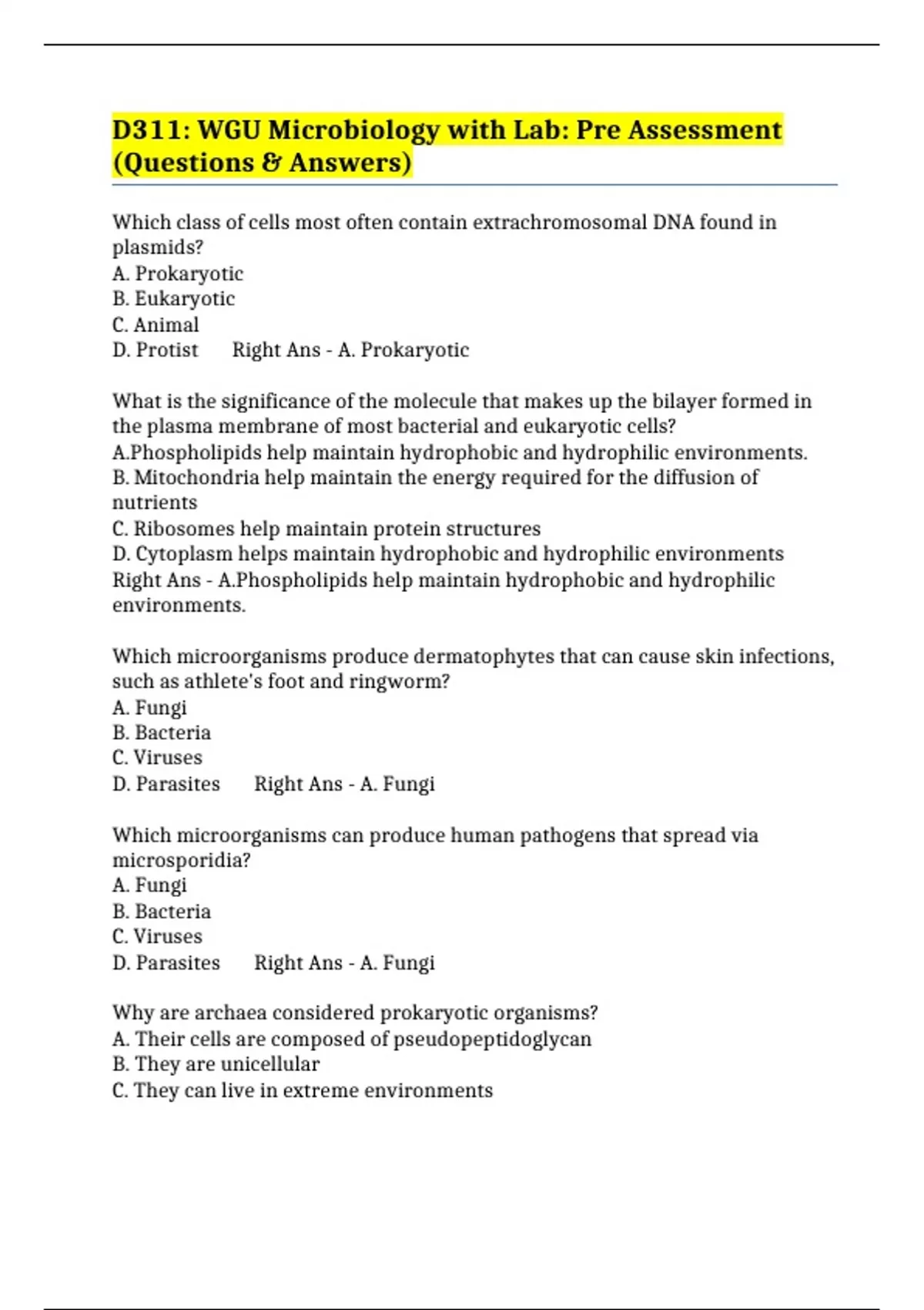 D311: WGU Microbiology with Lab: Pre Assessment (Questions & Answers) - WGU D311 Microbiology ...