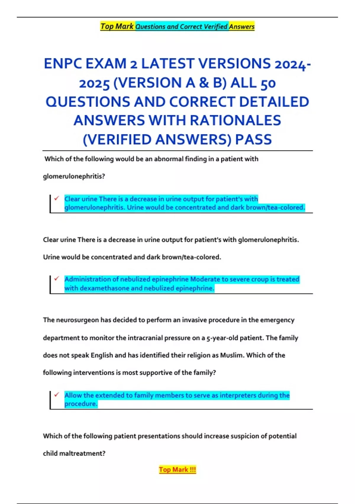 ENPC EXAM 2 LATEST VERSIONS (VERSION A & B) ALL 50 QUESTIONS AND ...