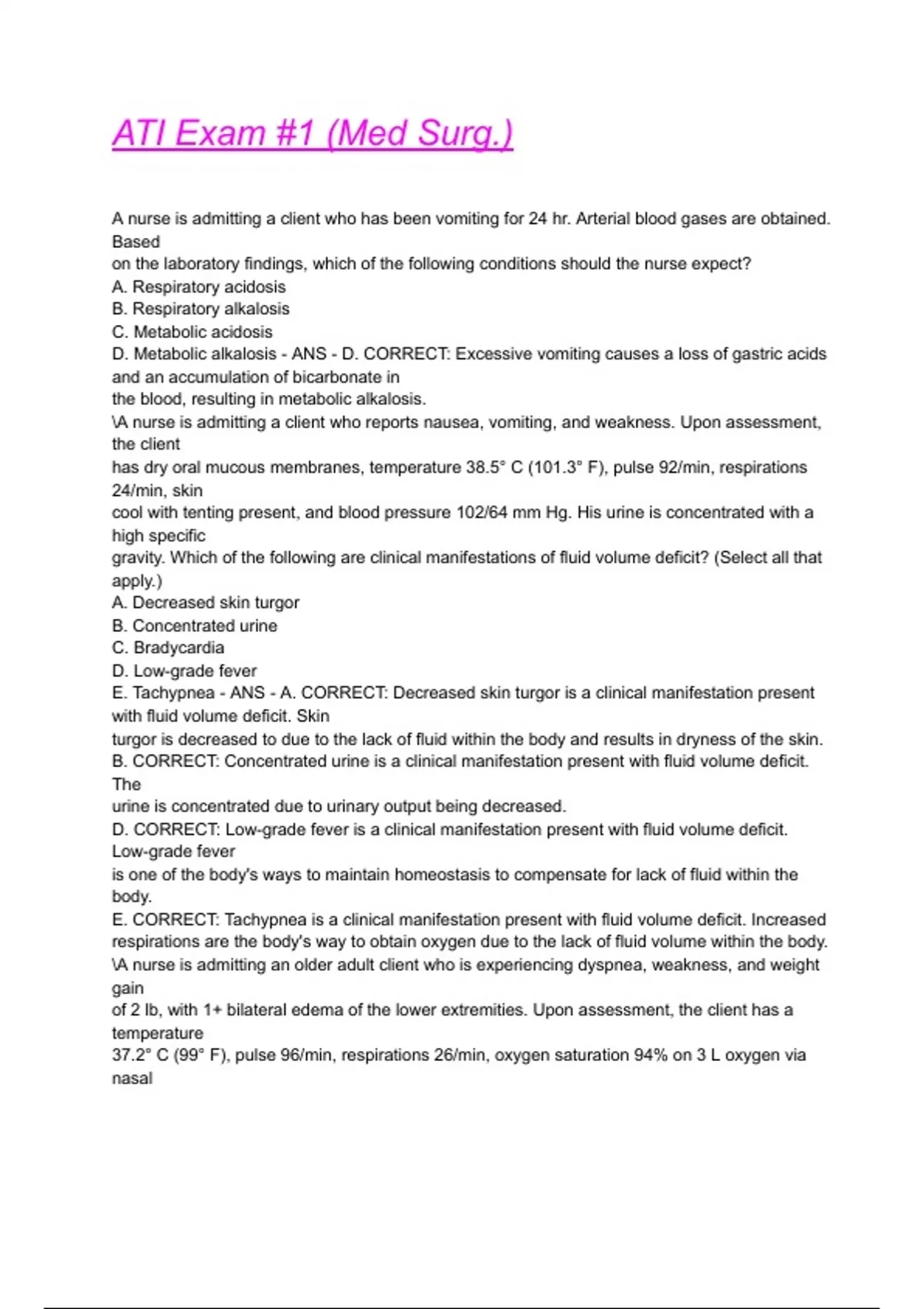 ATI Exam 1 (Med Surg.) 2024/2025 Questions With Completed & Verified ...