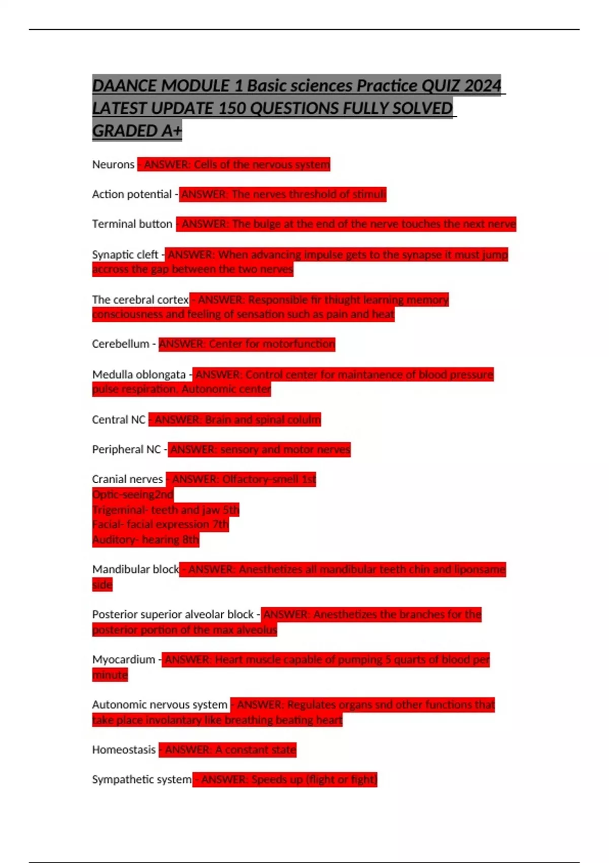 DAANCE MODULE 1 Basic sciences Practice QUIZ 2024 LATEST UPDATE 150 ...
