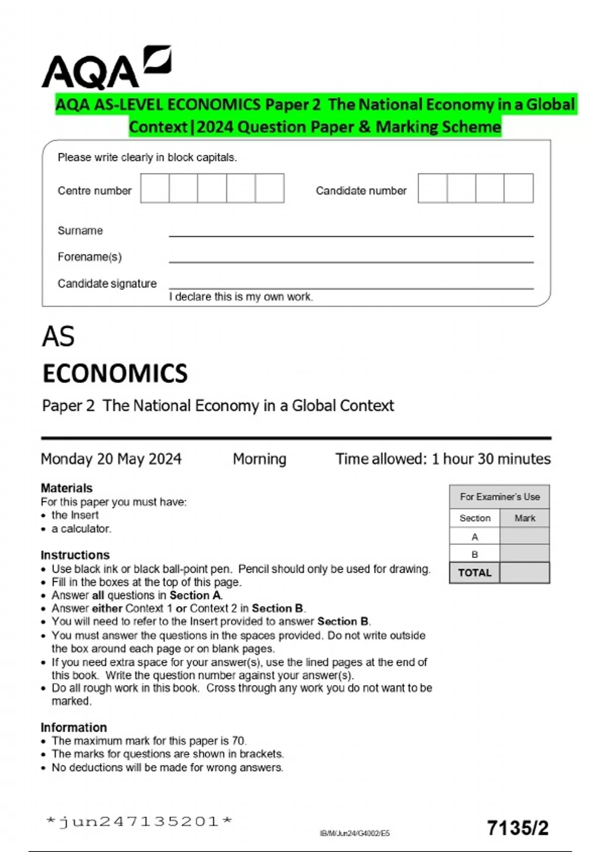 AQA AS-LEVEL ECONOMICS Paper 2 The National Economy in a Global Context ...