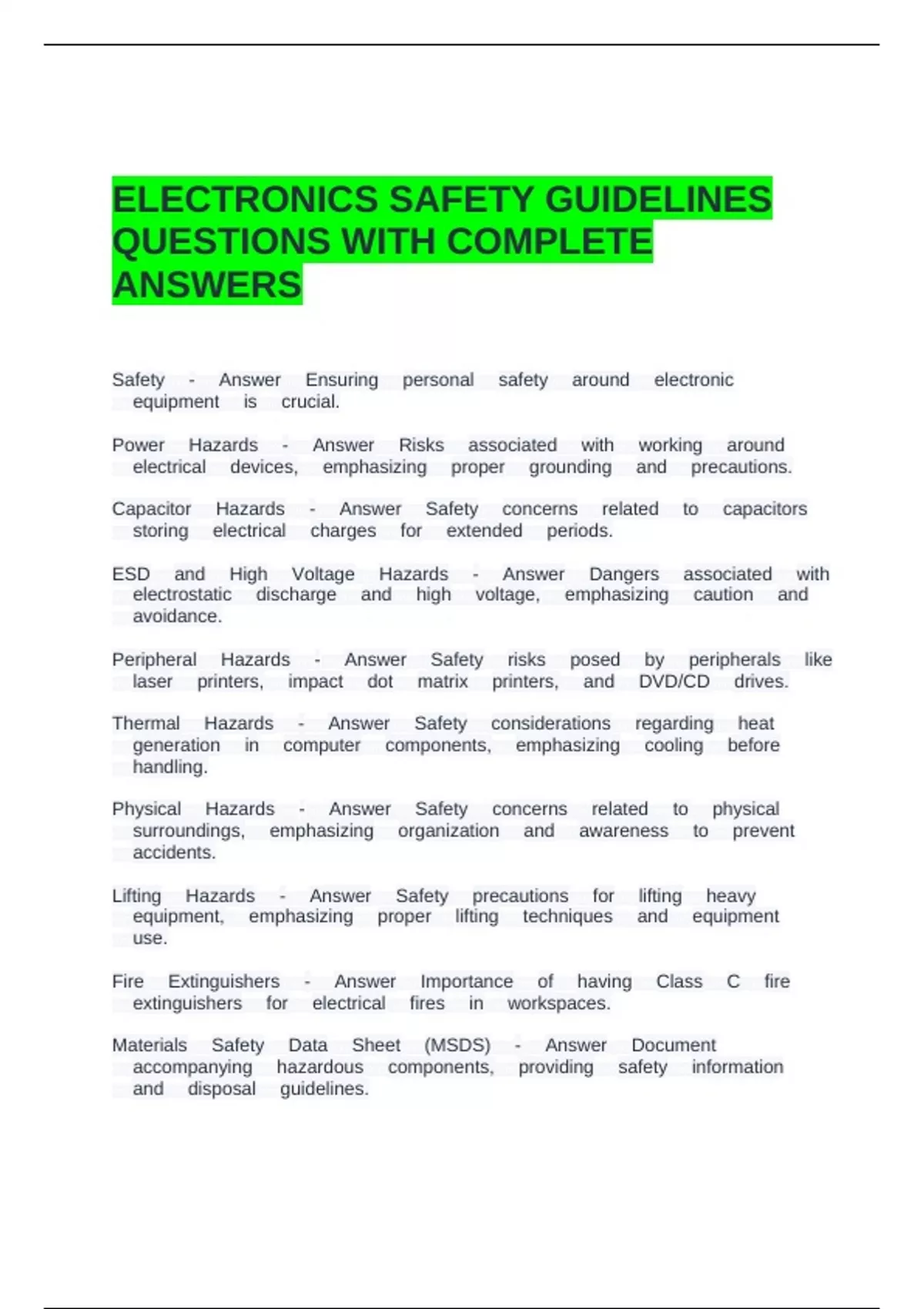 ELECTRONICS SAFETY GUIDELINES QUESTIONS WITH COMPLETE ANSWERS ...