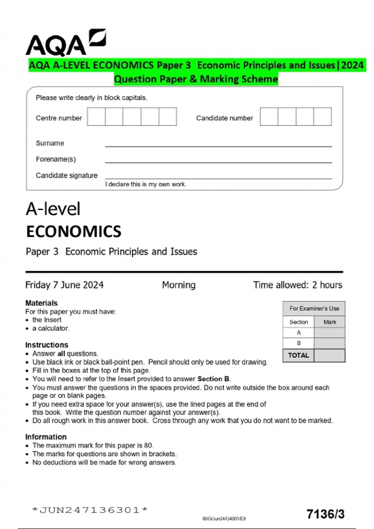 AQA A-LEVEL ECONOMICS Paper 3 Economic Principles and Issues|2024 ...