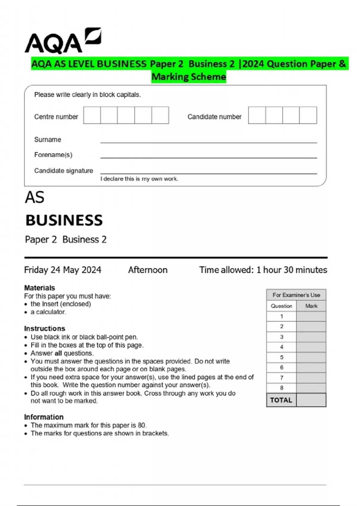AQA AS LEVEL BUSINESS Paper 2 Business 2 |2024 Question Paper & Marking ...
