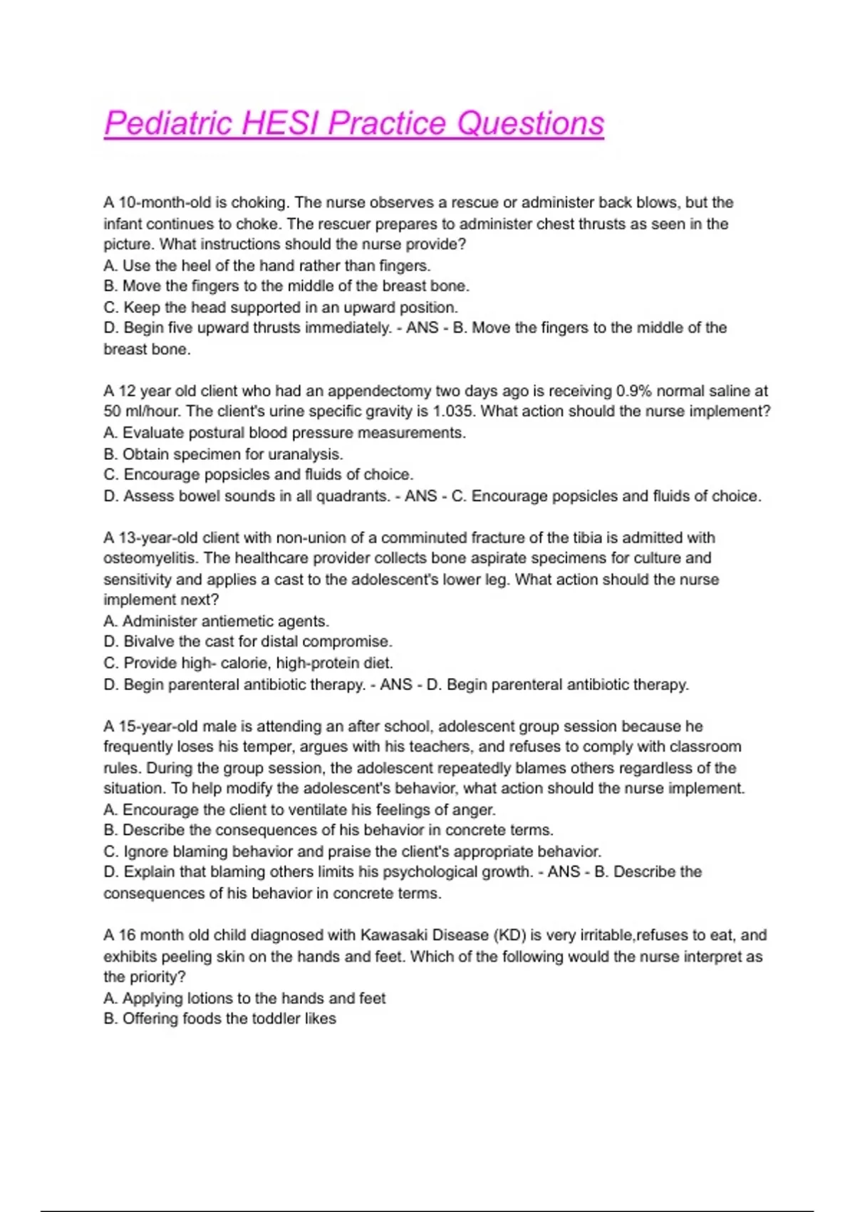 Pediatric HESI Practice Exam 2024/2025 Questions With Verified ...