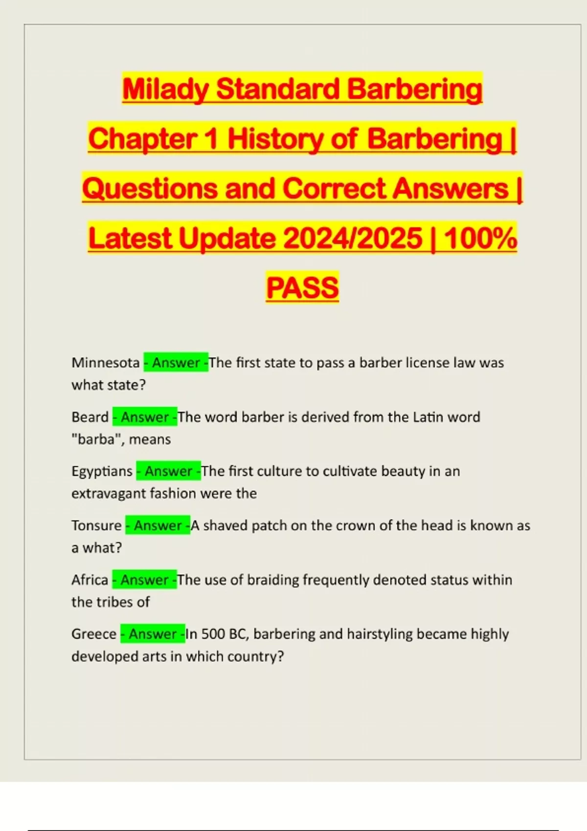 Milady Standard Barbering Chapter 1 History of Barbering | Questions ...