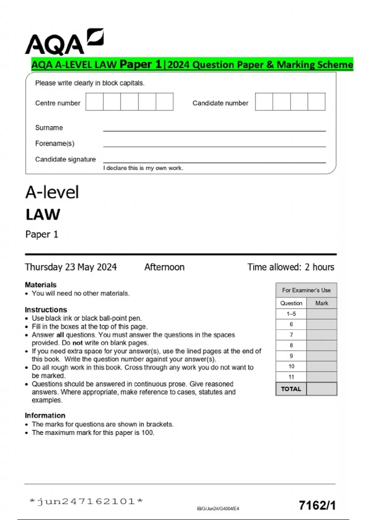 BUNDLE-::AQA A-LEVEL LAW 2024- Complete Question Paper & Marking Scheme ...