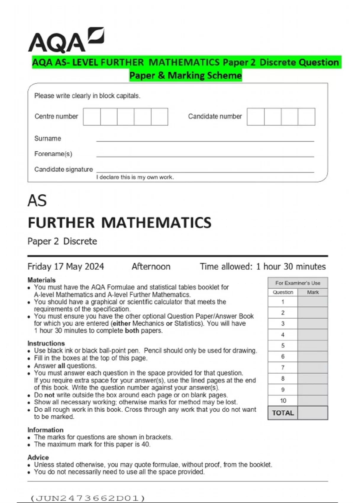 AQA AS- LEVEL FURTHER MATHEMATICS Paper 2 Discrete Question Paper ...