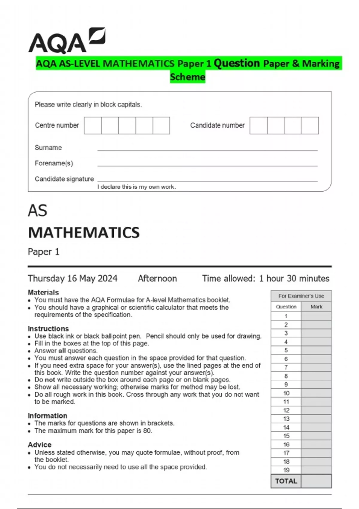 AQA AS-LEVEL MATHEMATICS Paper 1 Question Paper & Marking Scheme - AQA ...