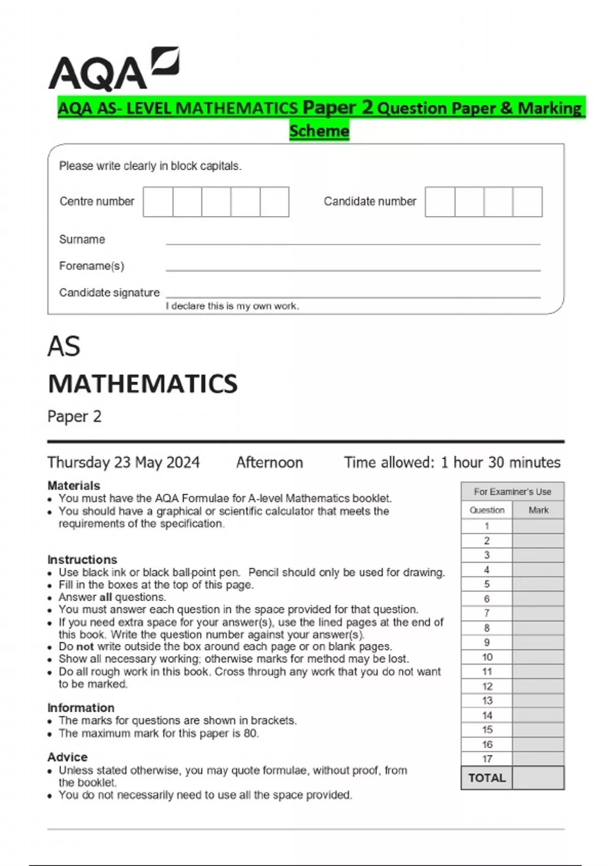 AQA AS- LEVEL MATHEMATICS Paper 2 Question Paper & Marking Scheme - AQA ...