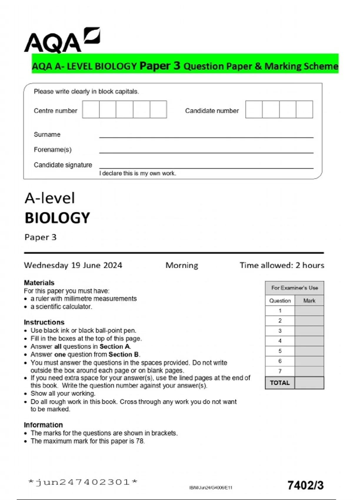 AQA A- LEVEL BIOLOGY Paper 3 Question Paper & Marking Scheme - AQA AS ...