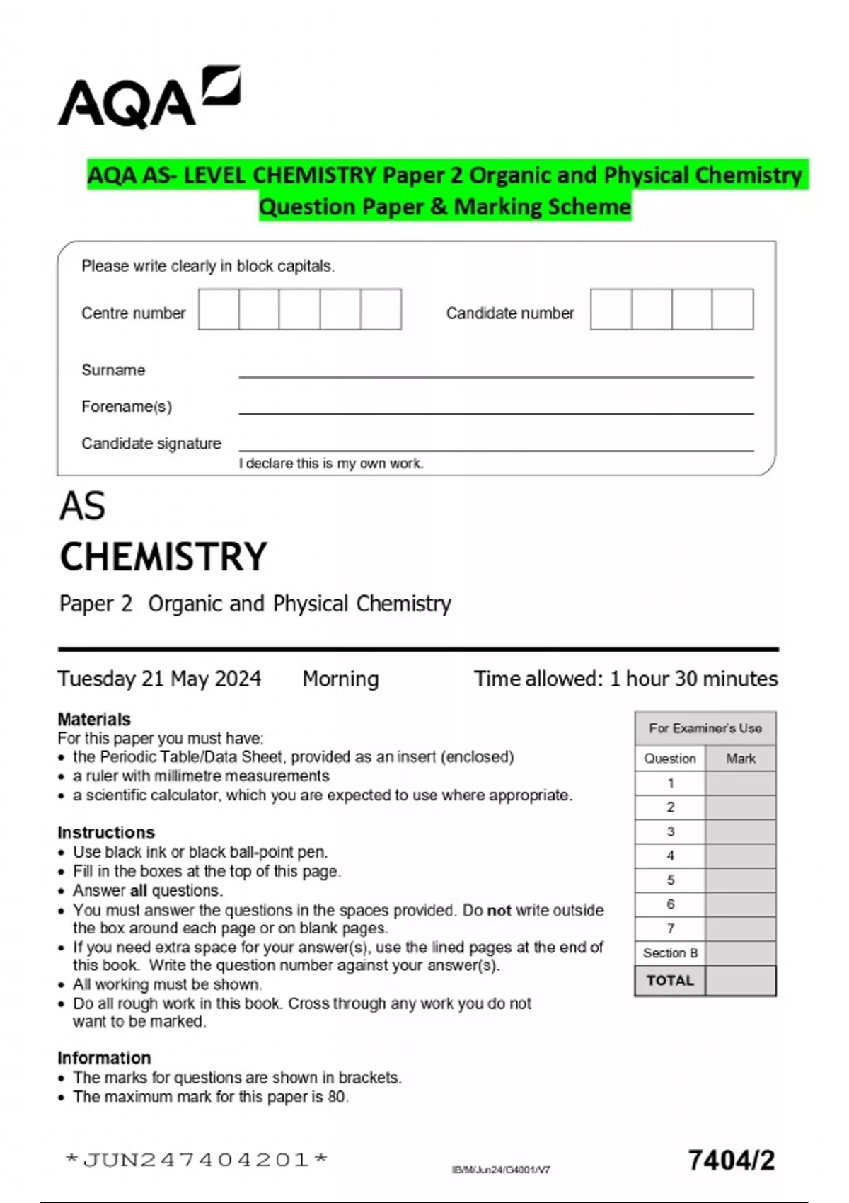 AQA AS- LEVEL CHEMISTRY Paper 2 Organic and Physical Chemistry Question ...