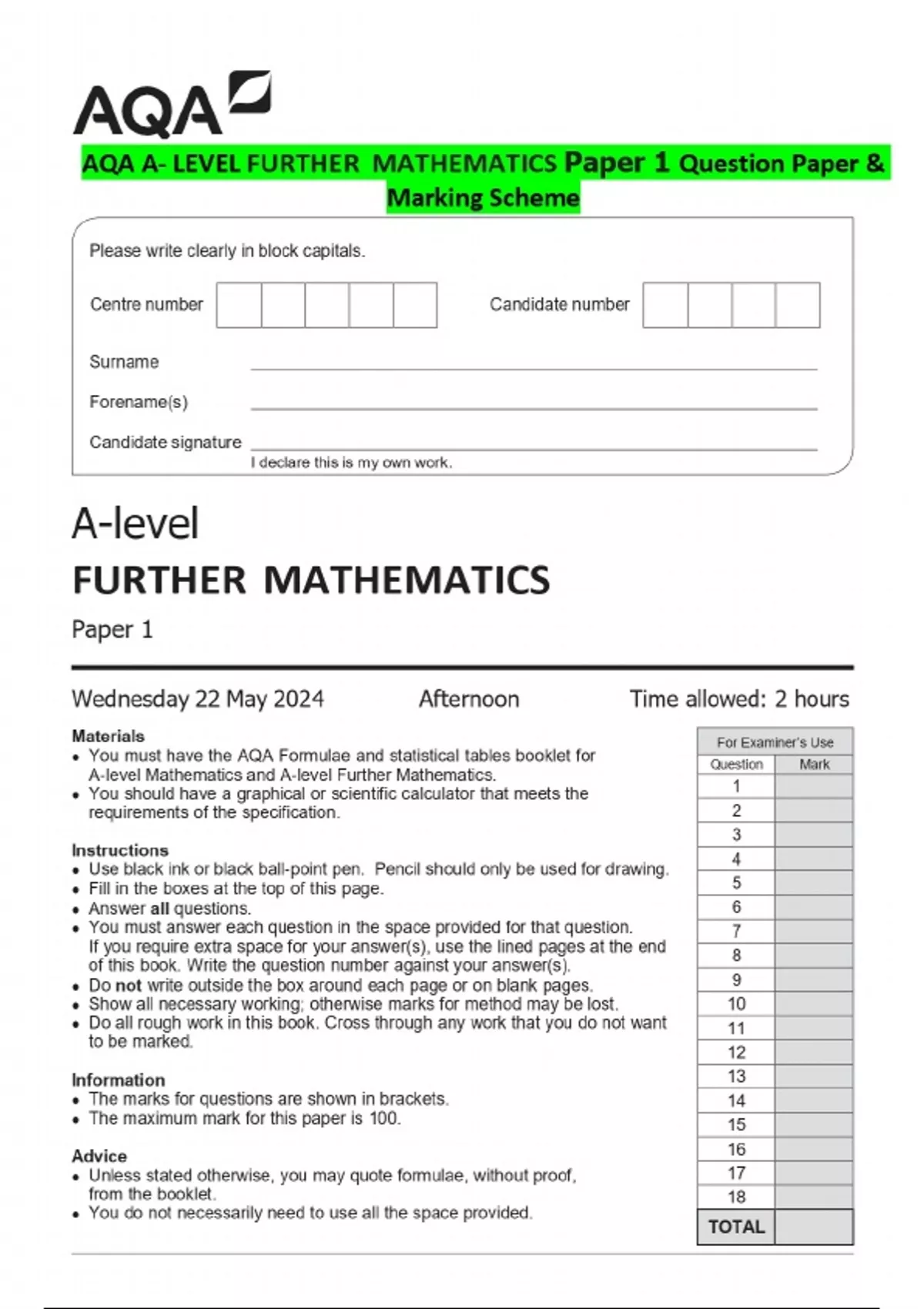AQA A- LEVEL FURTHER MATHEMATICS Paper 1 Question Paper & Marking ...
