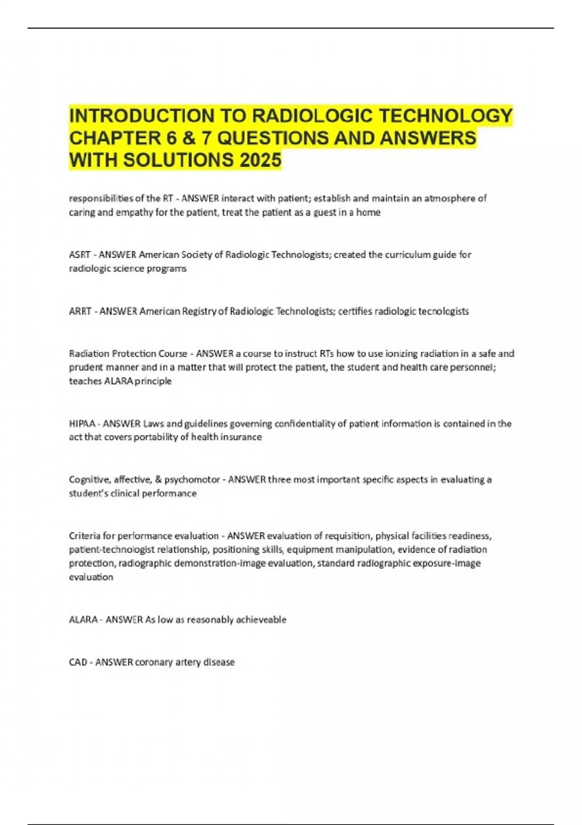 INTRODUCTION TO RADIOLOGIC TECHNOLOGY CHAPTER 6 & 7 QUESTIONS AND ...